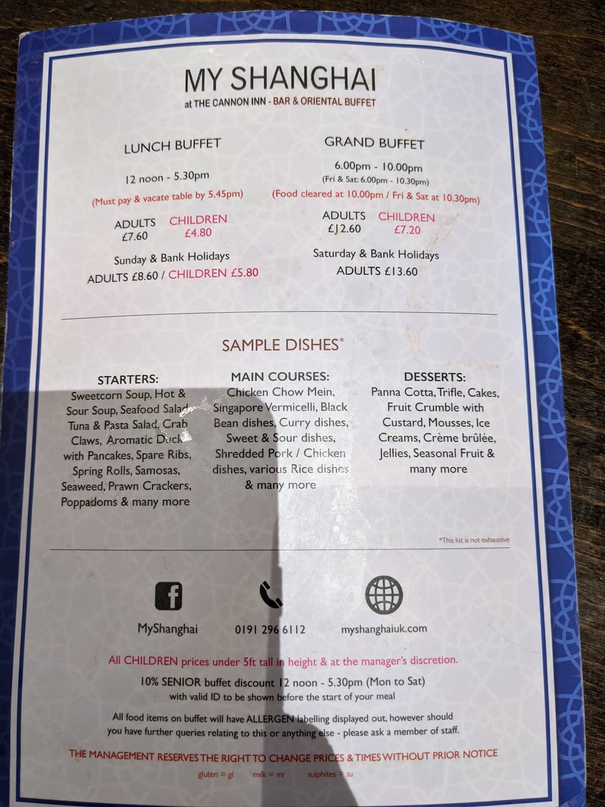 Menu at My Shanghai Bar & Oriental Buffet, North Shields, The Cannon Inn