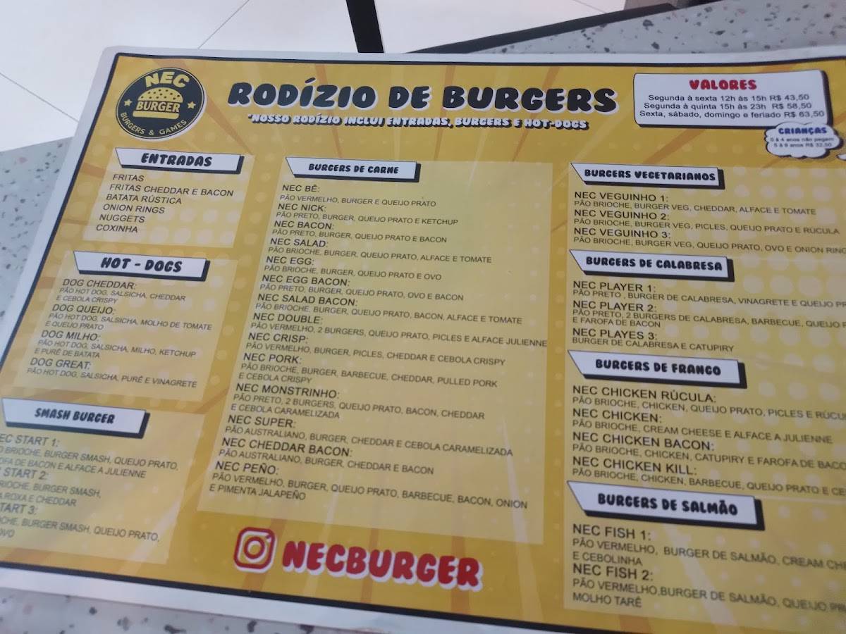 Menu em NEC Burgers & Games restaurante, São Paulo