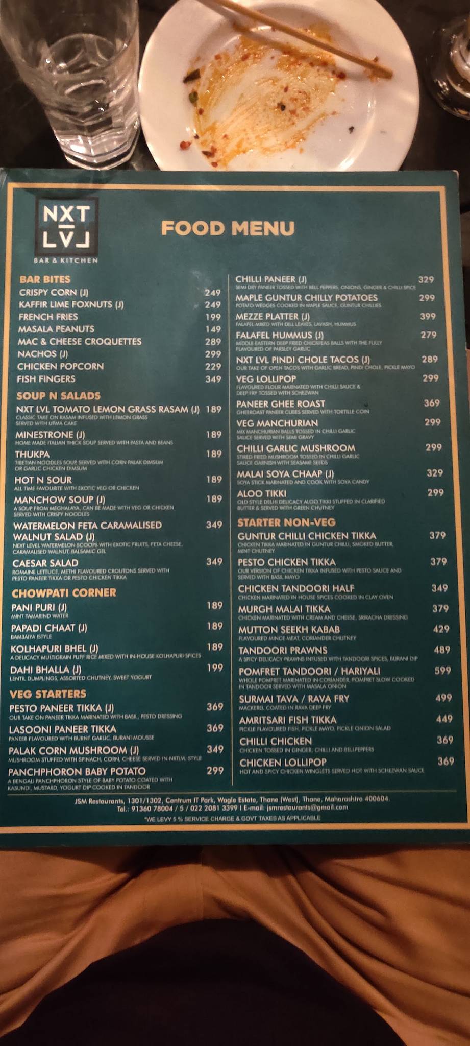 Menu at NXT-LVL, Thane
