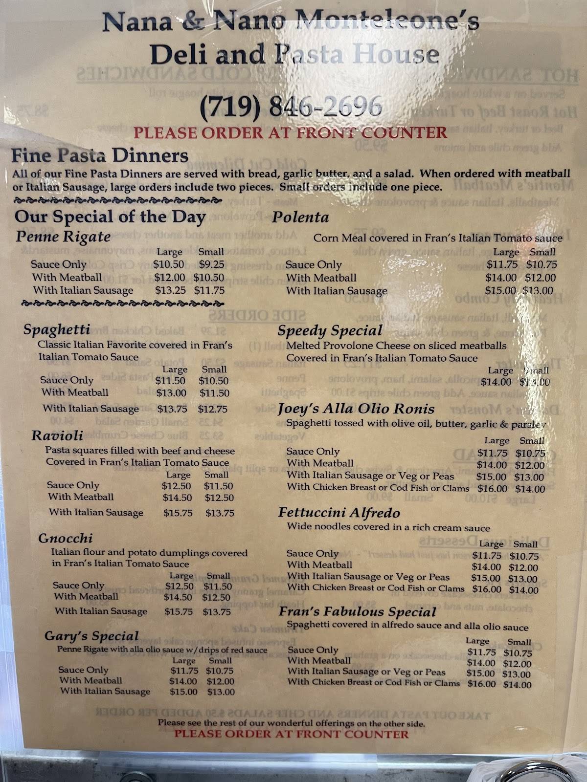 Menu at Nana & Nano's Pasta House restaurant, Trinidad
