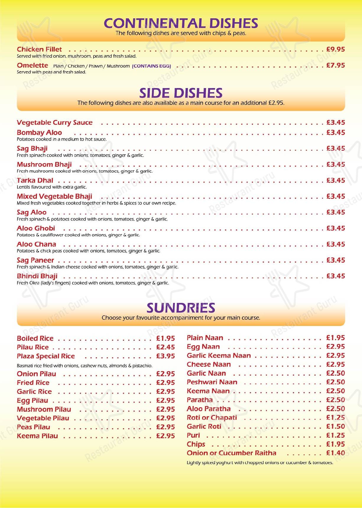 Menu at Plaza Indian Cuisine restaurant, Neath, 31-32 Alfred St