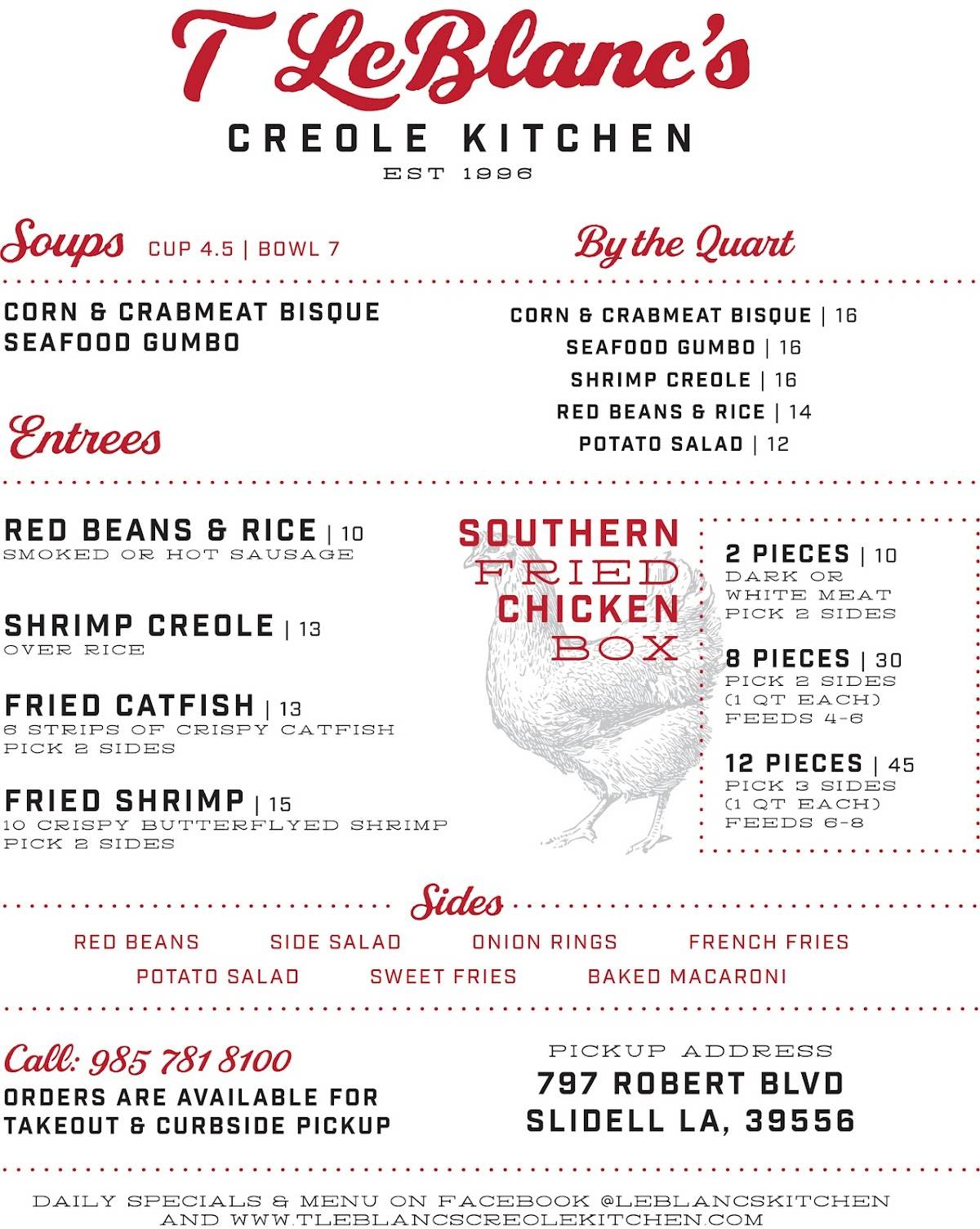 Menu at T LeBlanc's Creole Kitchen restaurant, Slidell