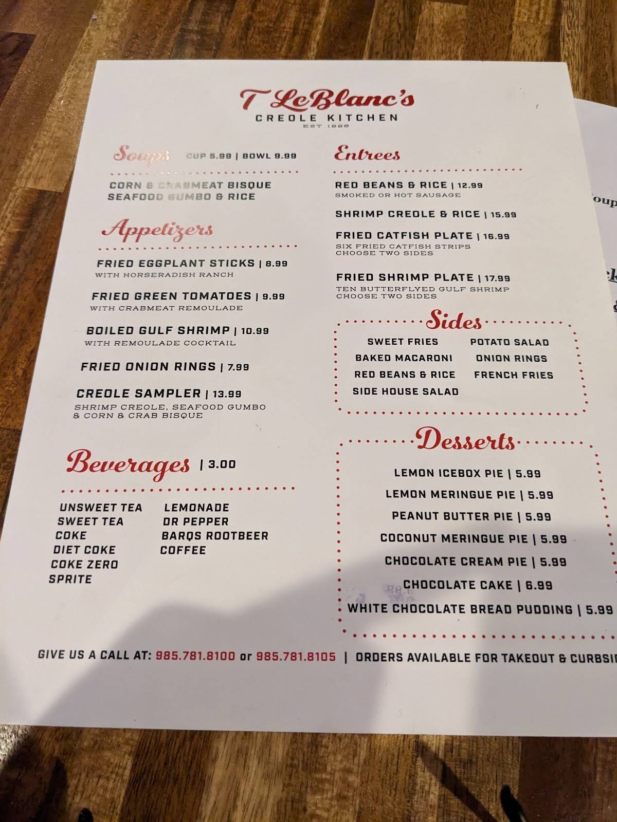 Menu at T LeBlanc's Creole Kitchen restaurant, Slidell