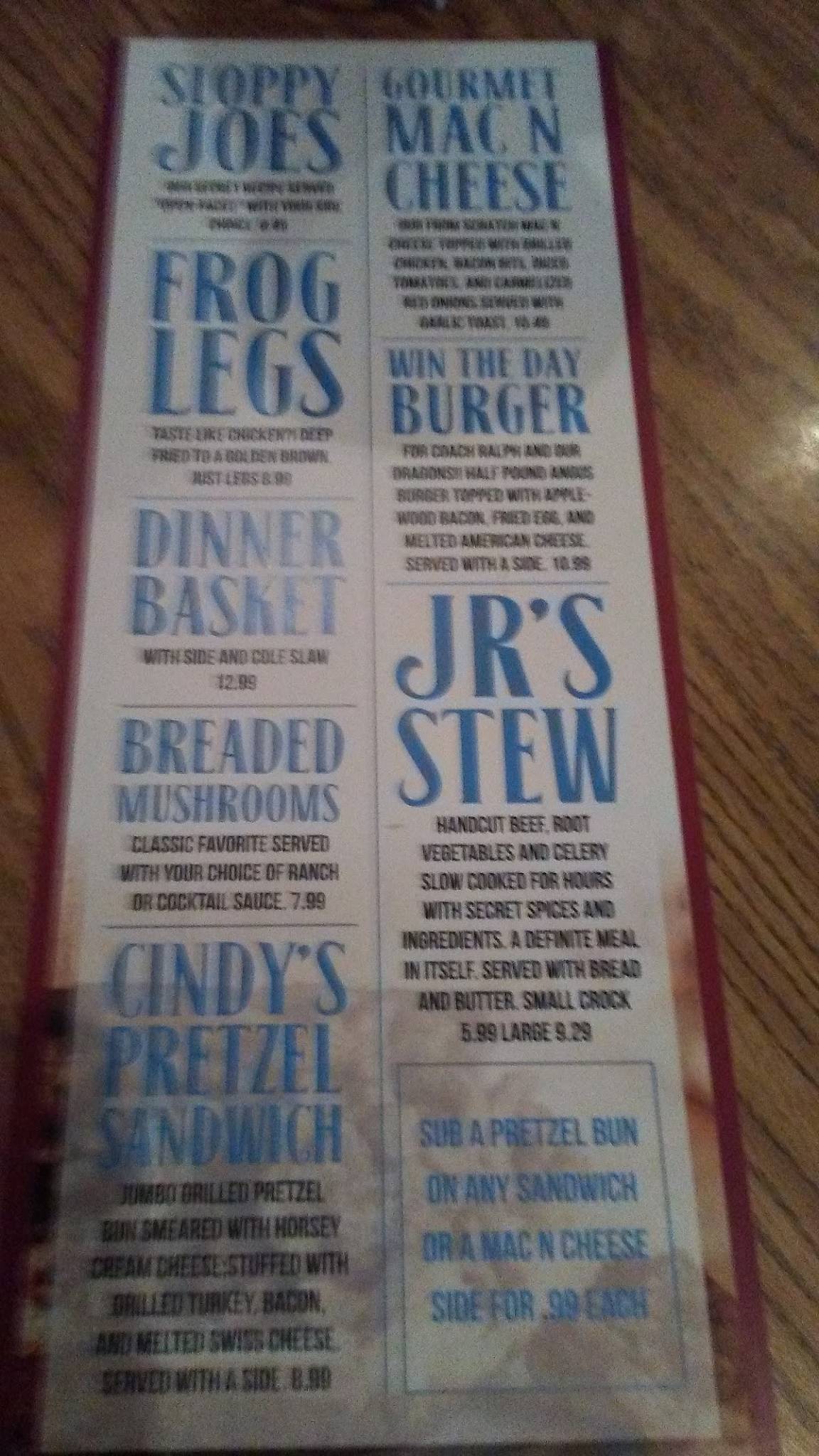 Menu at The New Pal Pub, New Palestine