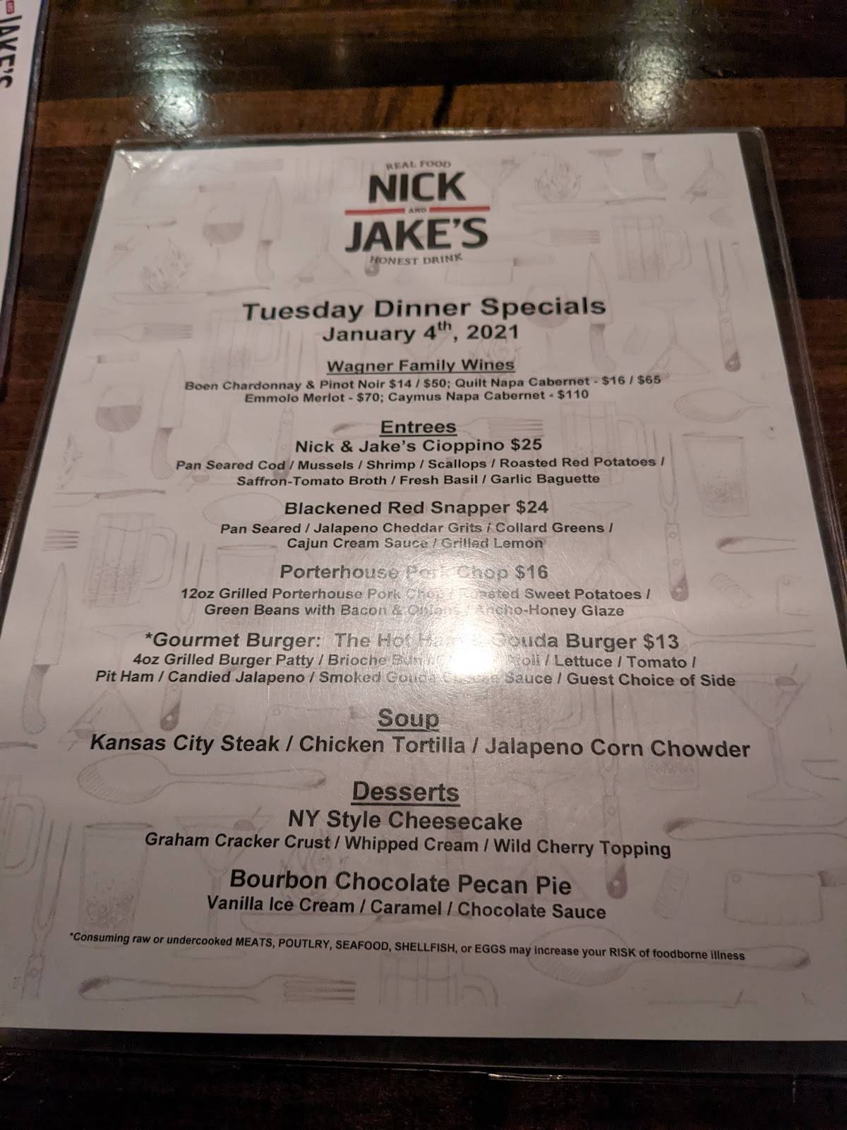 Menu at Nick & Jake's Overland Park pub & bar, Overland Park