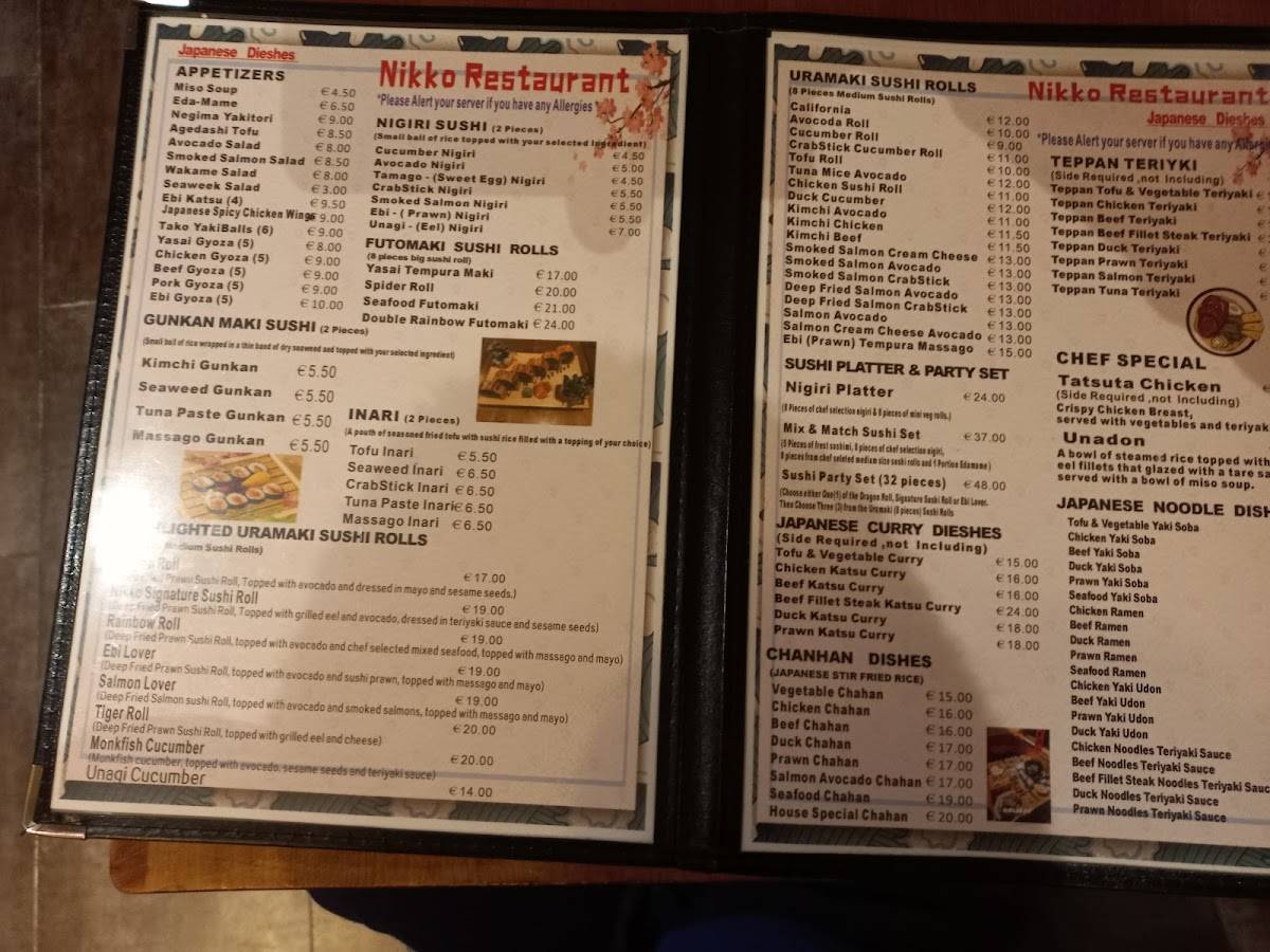 Menu at Nikko restaurant, Drogheda