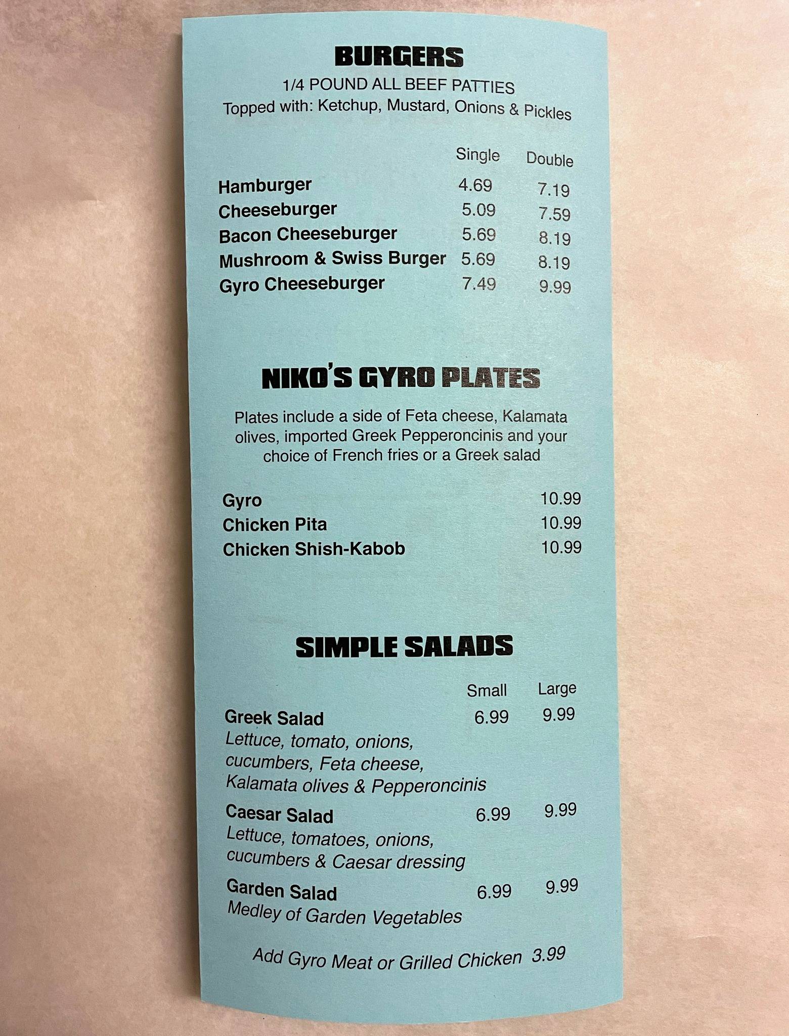 Menu at Niko's Gyros restaurant, Oshkosh