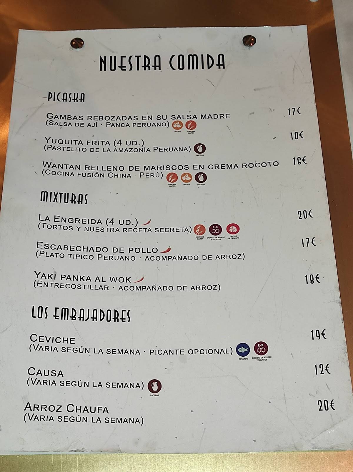 Menu at Niña Cocodrilo restaurant, Oviedo