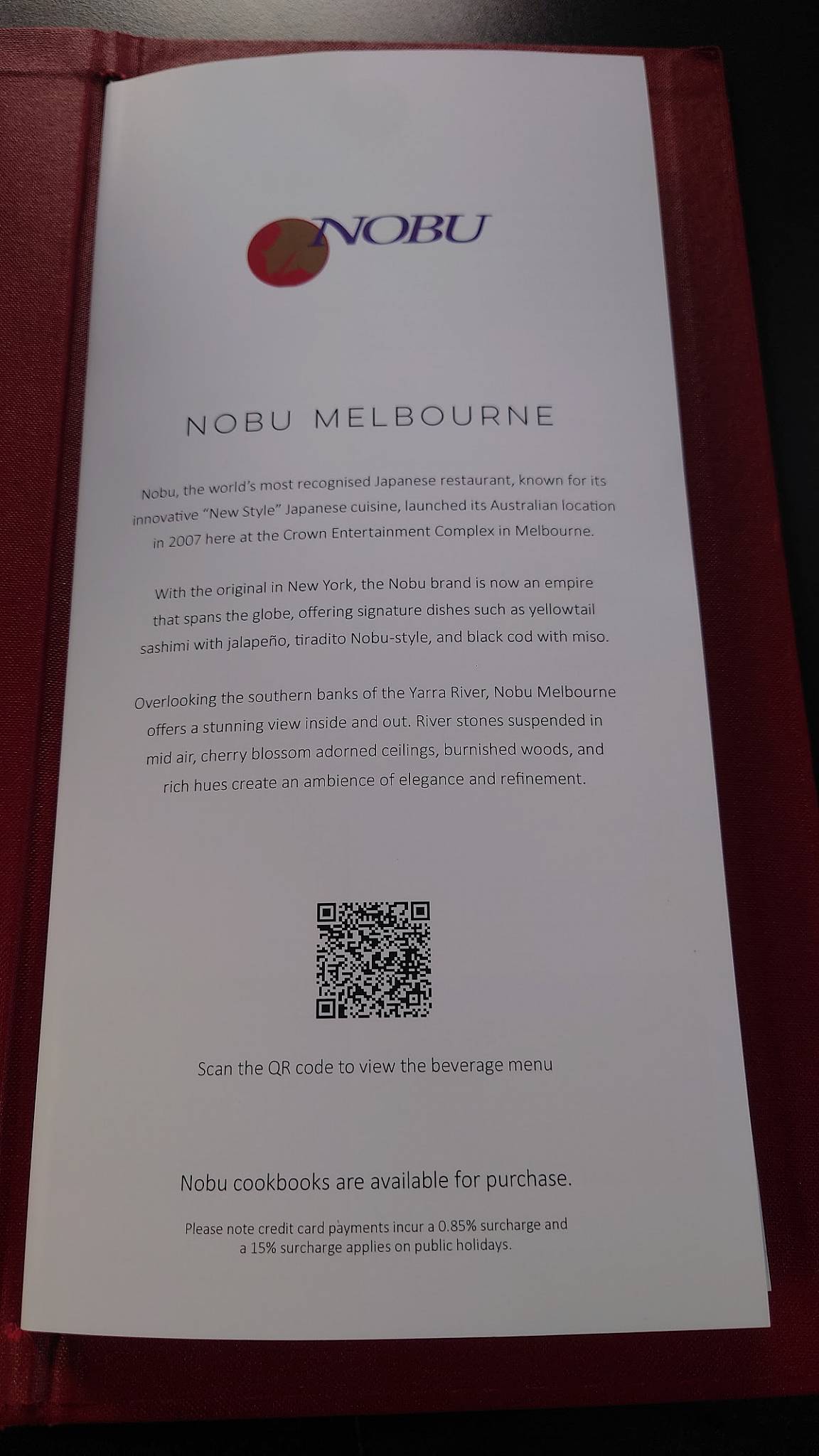 Carta del restaurante Nobu, Southbank, Crown Riverwalk