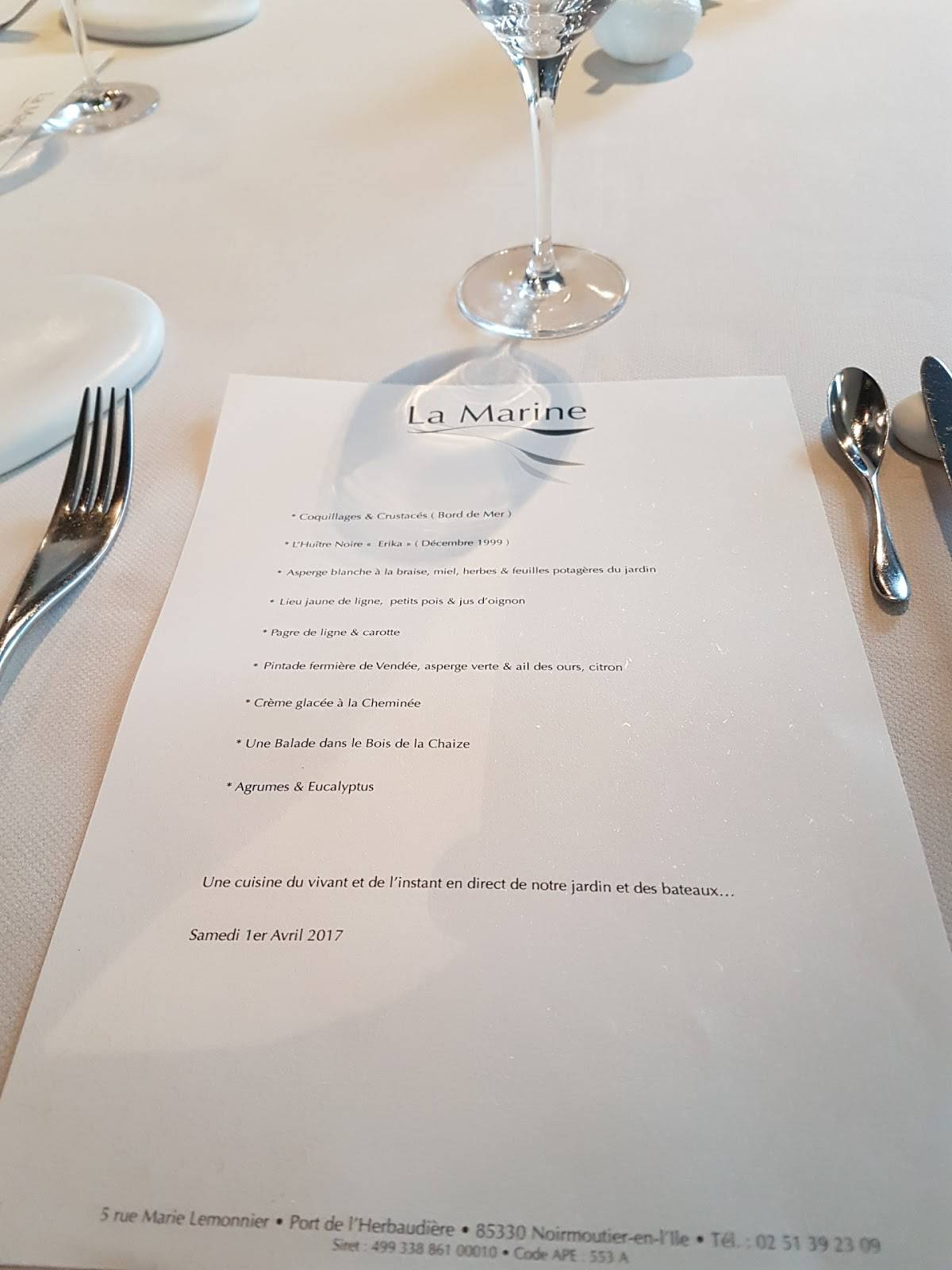 Menu au La Marine restaurant, Noirmoutier-en-l'Île