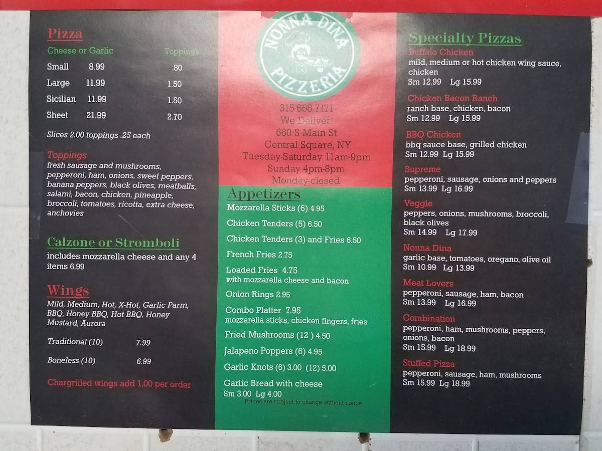 Menu at Nonna Dina Pizzeria, Central Square