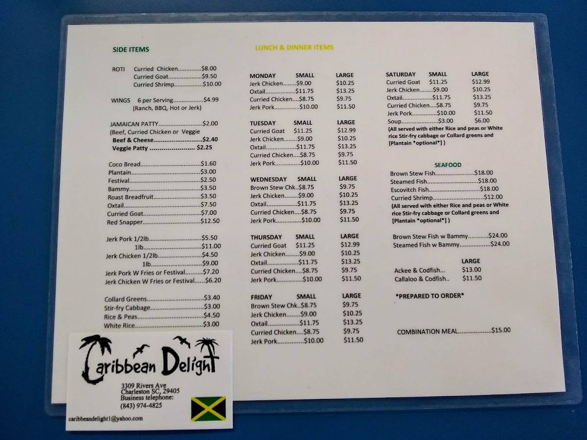 Menu at Caribbean Delight restaurant, North Charleston