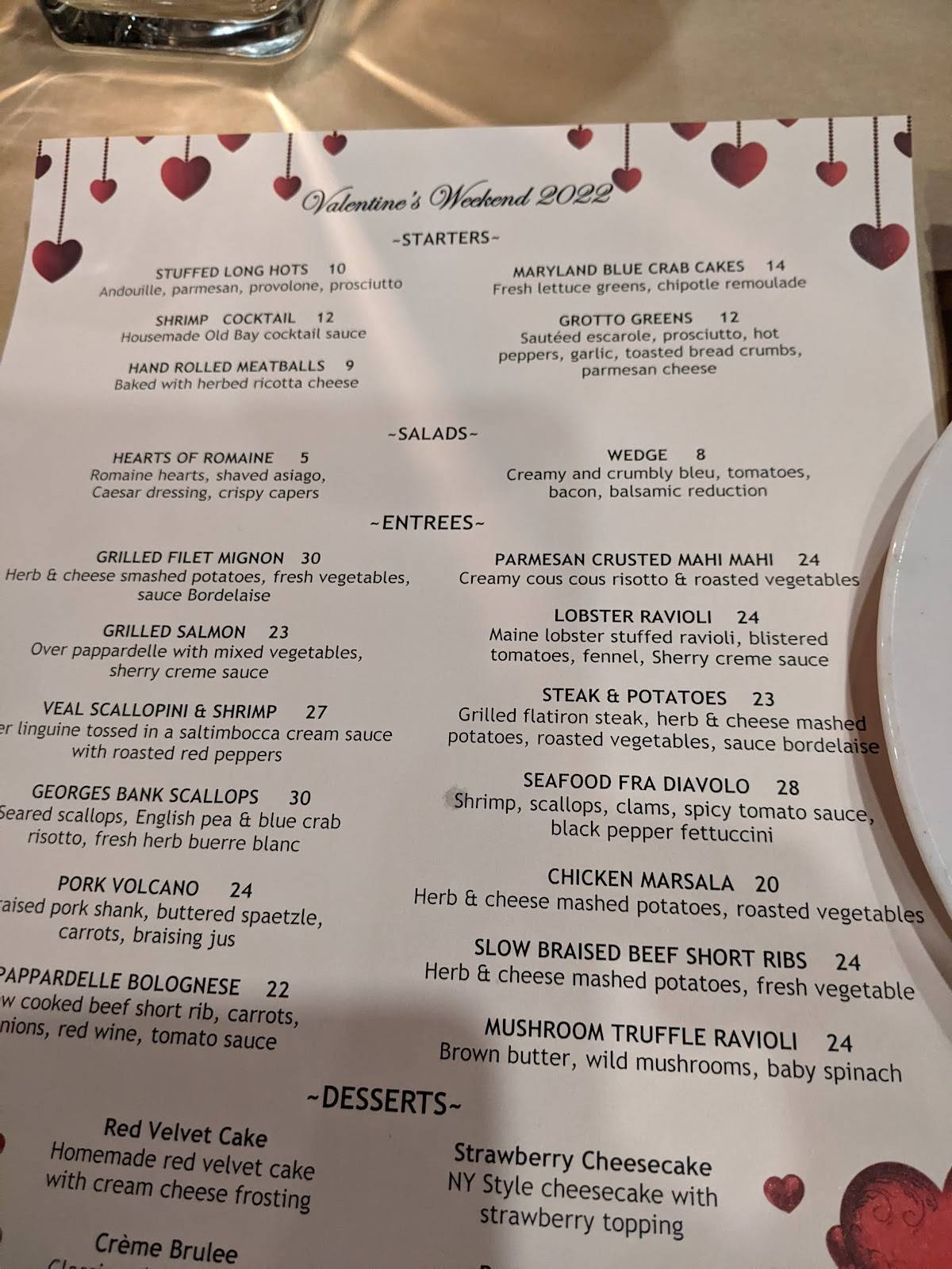 Menu at Grotto restaurant, North Syracuse