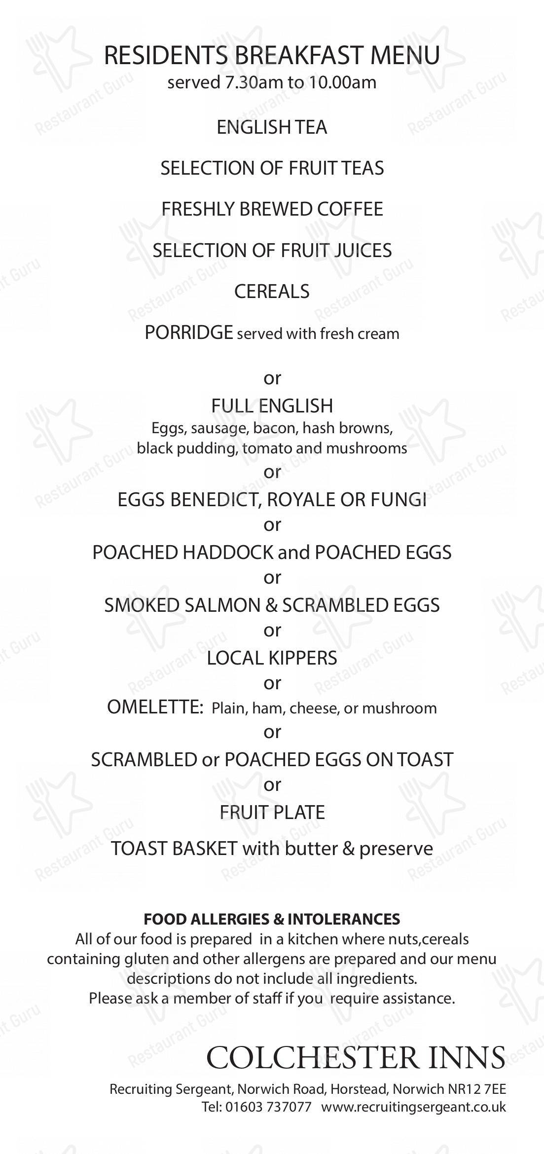 Menu at The Recruiting Sergeant pub & bar, Norwich