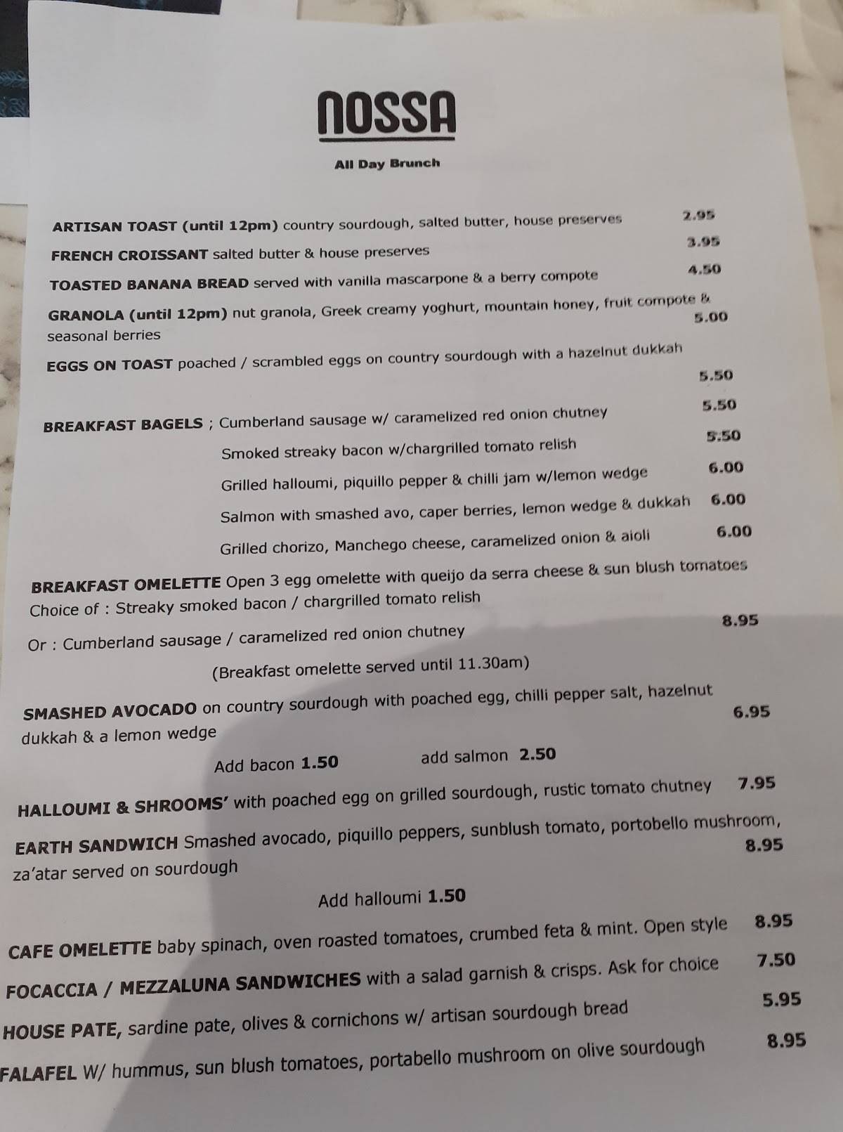 Menu at Nossa cafe, Yarm