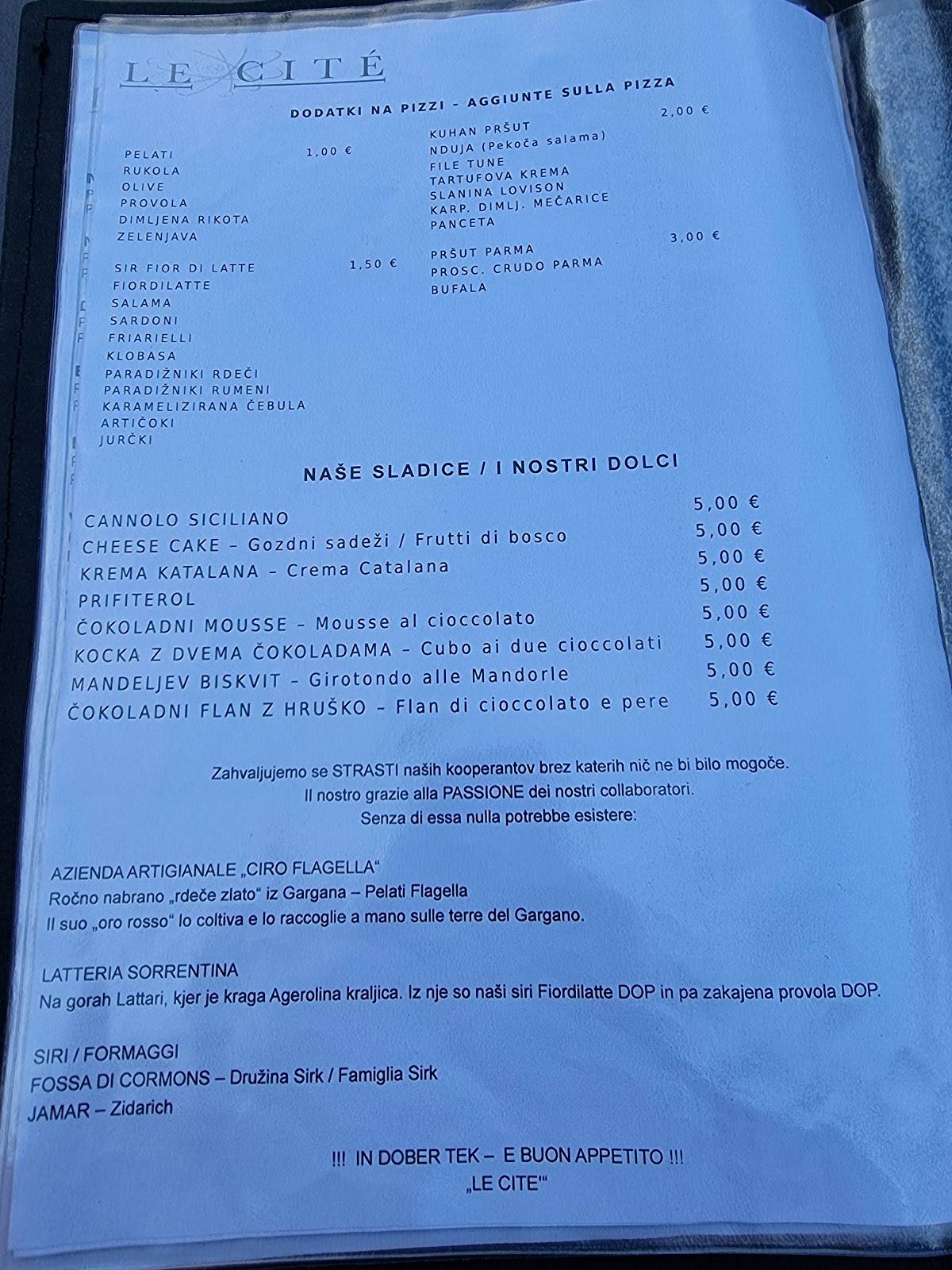 Menu at Le citè restaurant, Nova Gorica