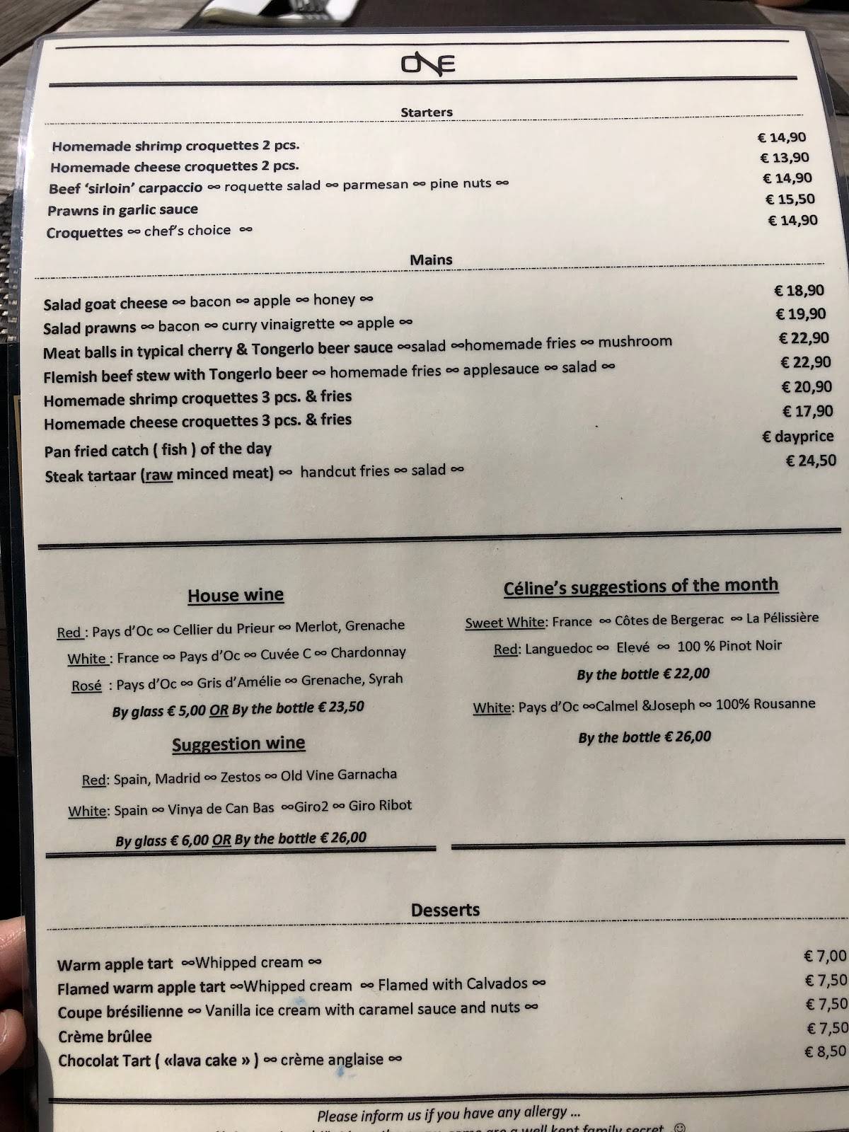 Menu at ONE Restaurant, Bruges
