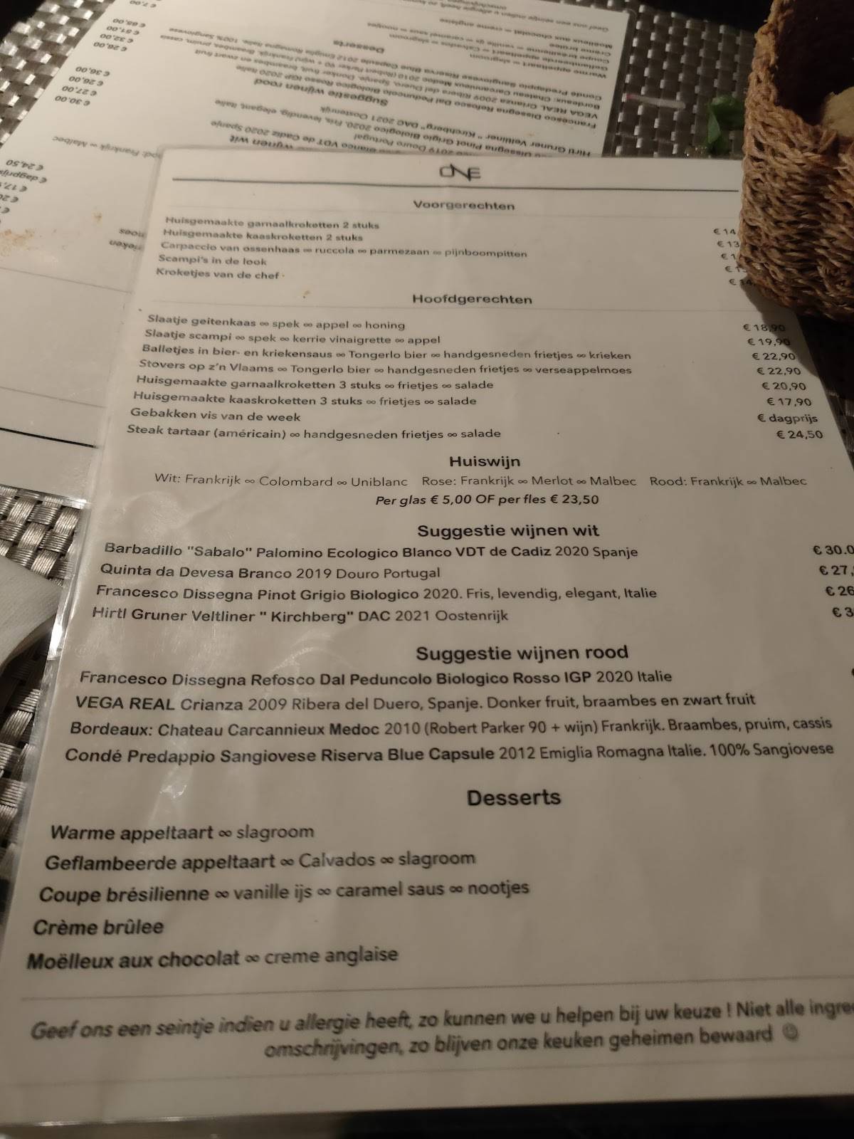 Menu at ONE Restaurant, Bruges