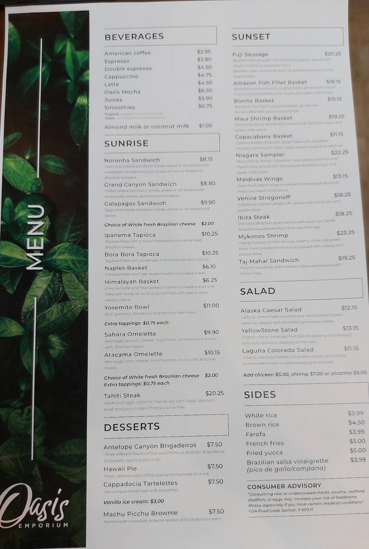 Menu at Oasis Emporium restaurant, Fort Lauderdale