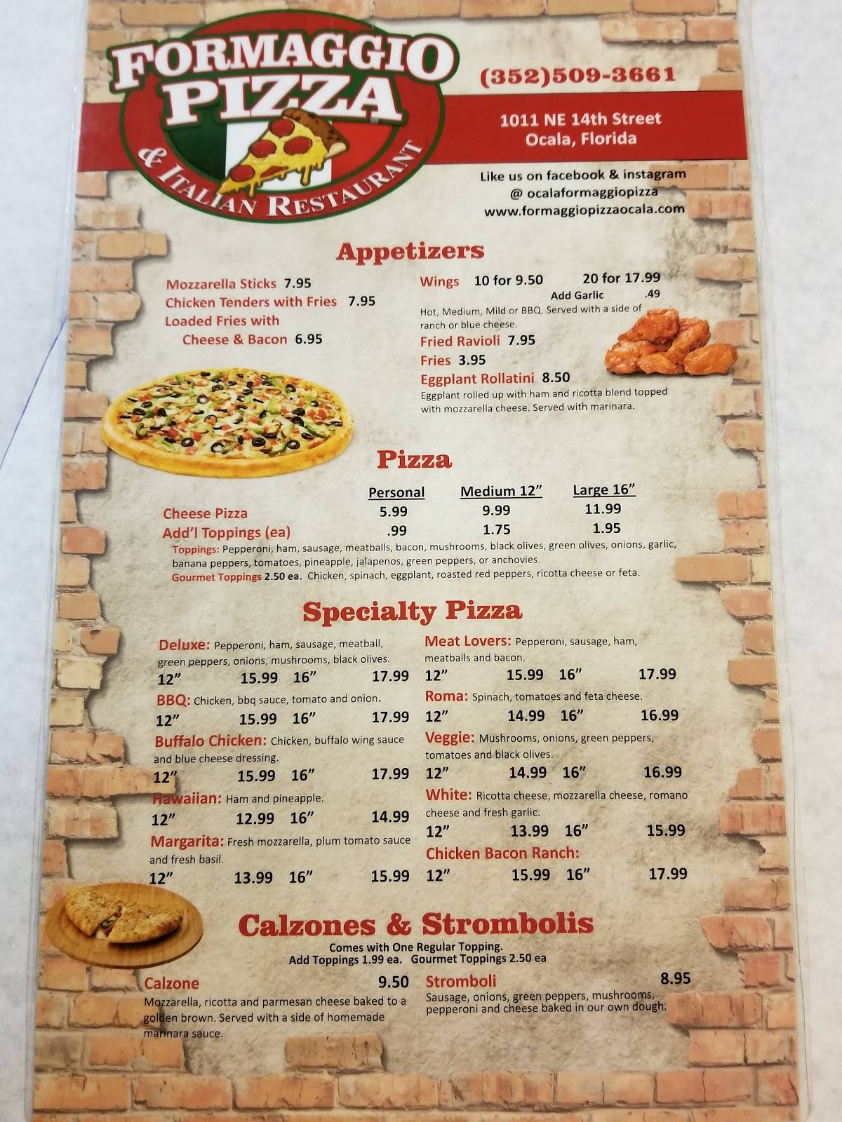 Menu at Formaggio Pizza and Italian Restaurant, Ocala