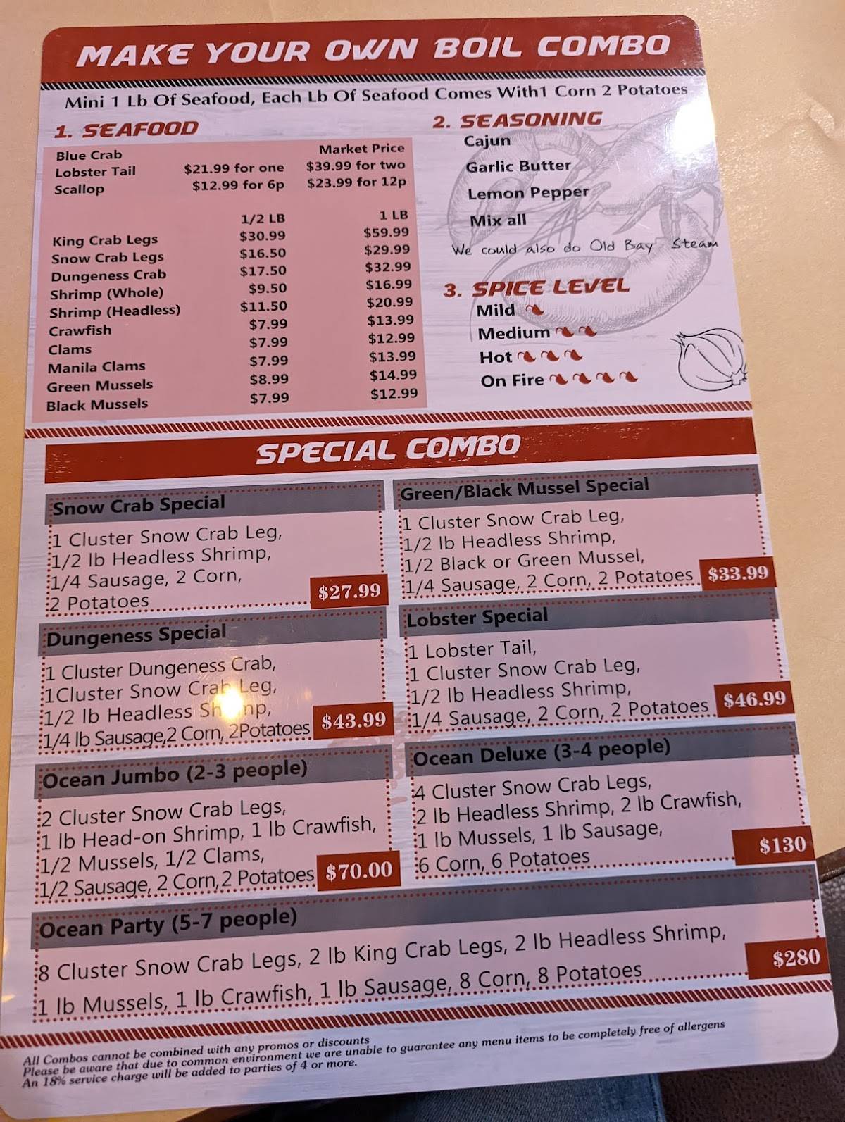 Menu at Ocean Crab restaurant, Chantilly