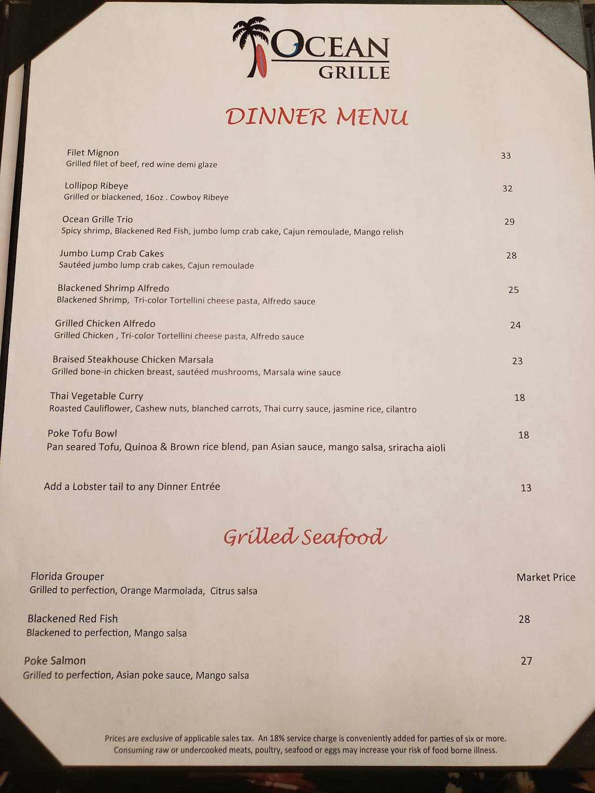 Menu at Ocean Grille restaurant, Melbourne, N Hwy A1A