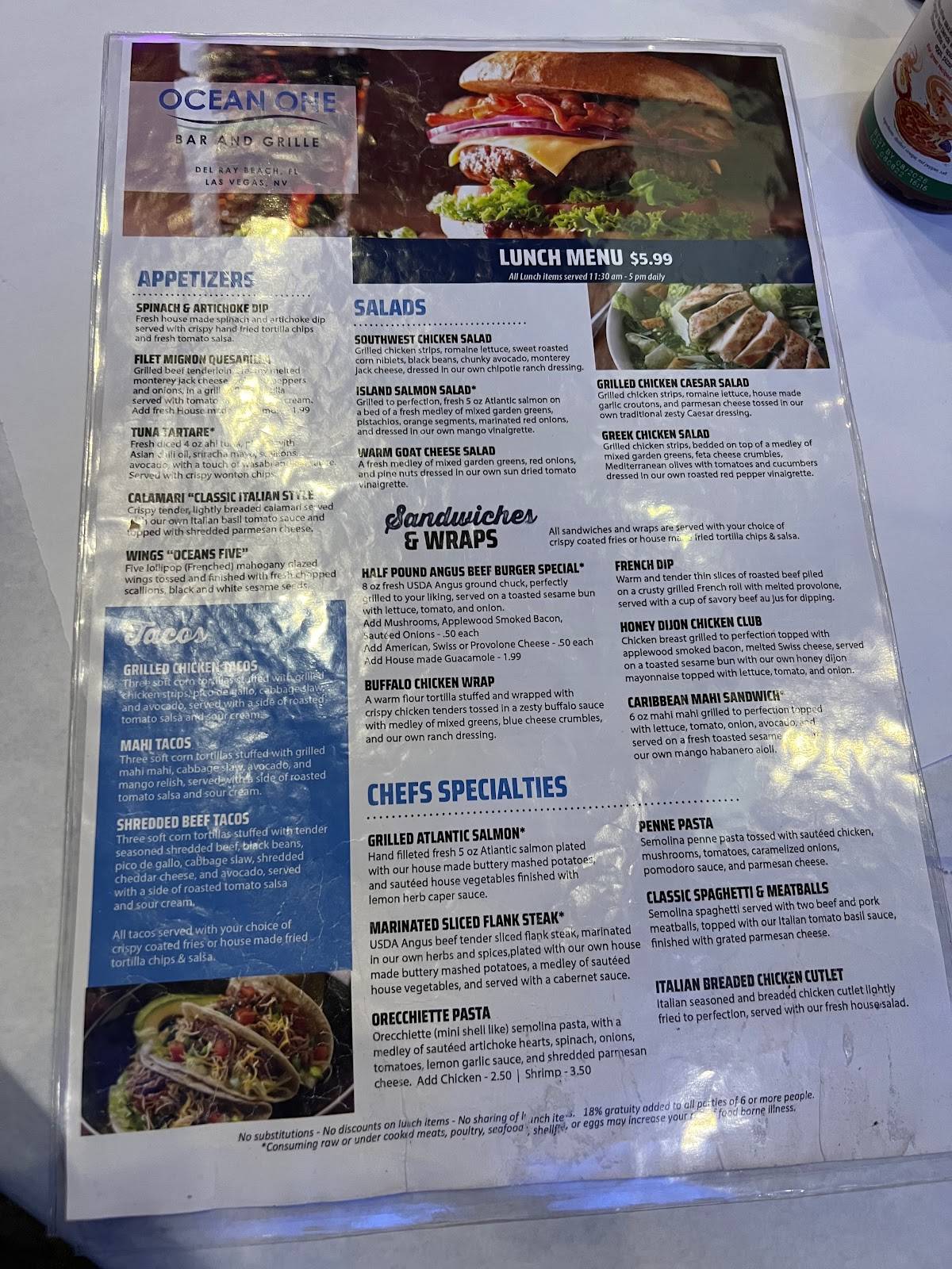 Menu at Ocean One Bar & Grille, Las Vegas