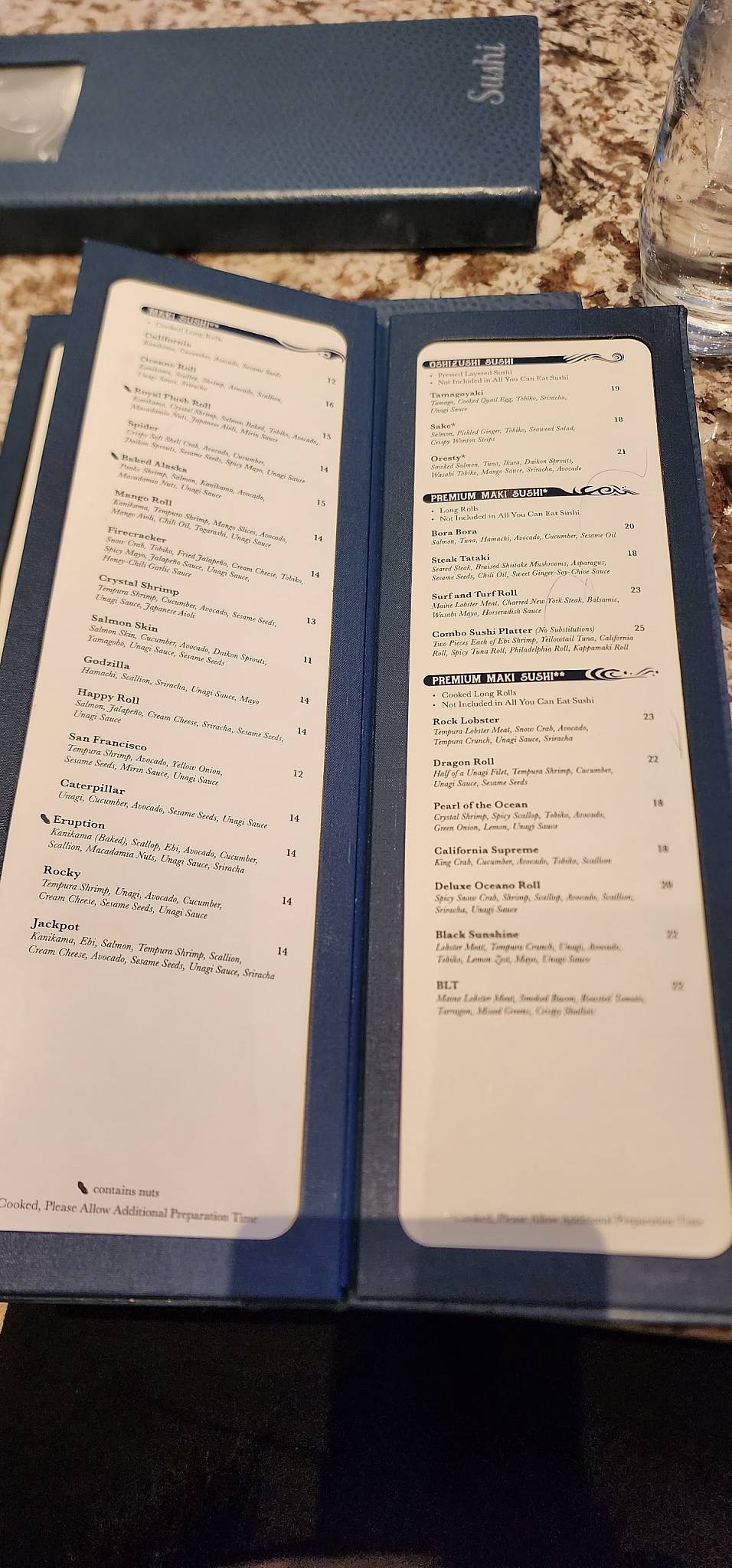 Menu at Oceano restaurant, Reno