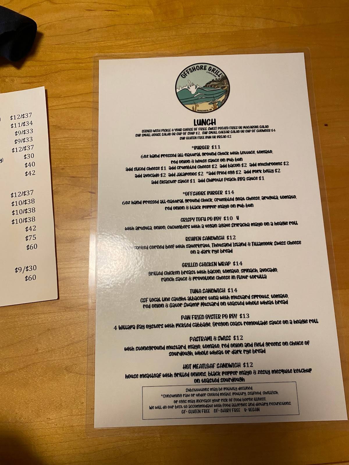 Menu at Offshore Grill and Coffee House, Manzanita