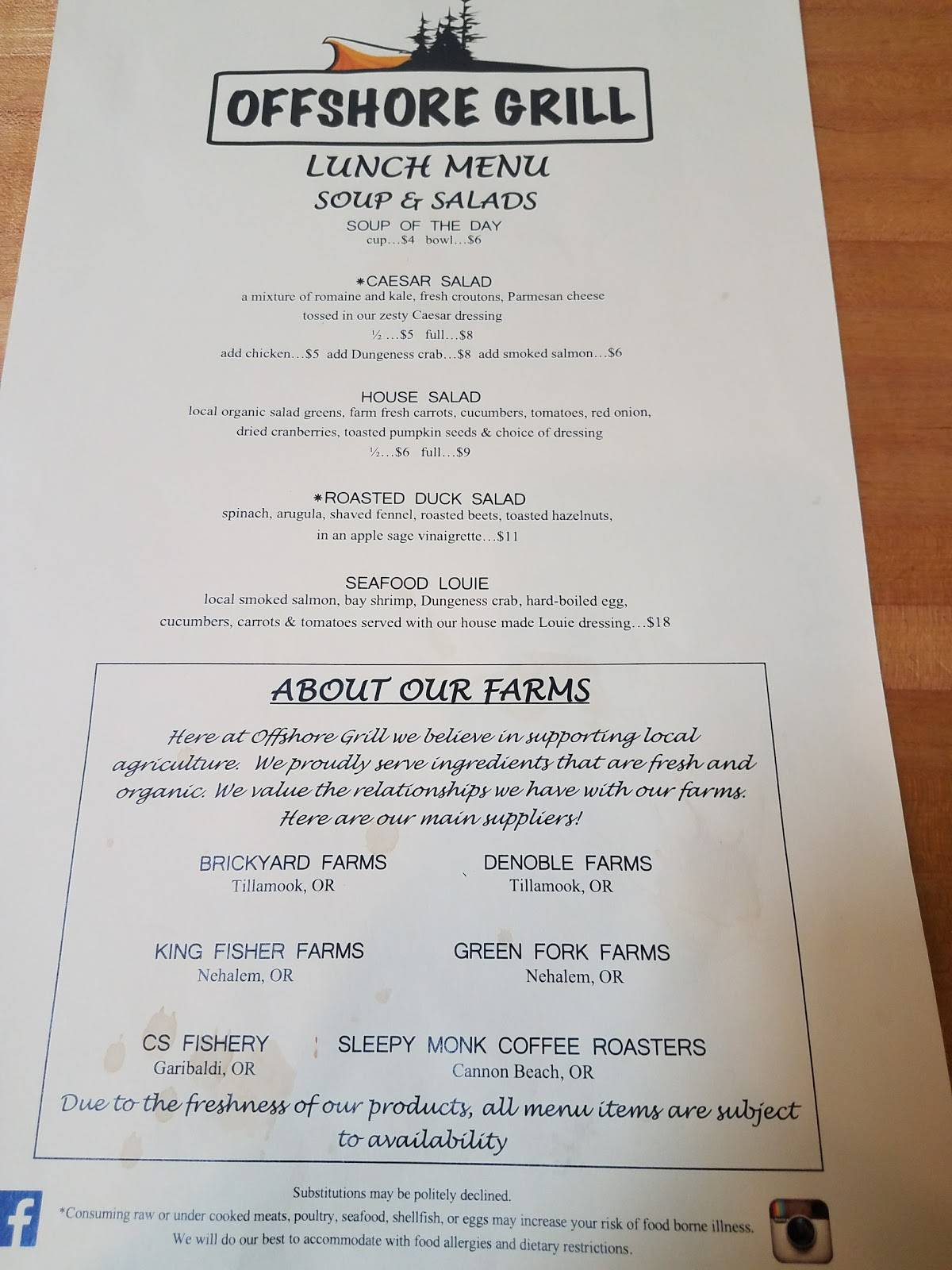 Menu at Offshore Grill and Coffee House, Manzanita
