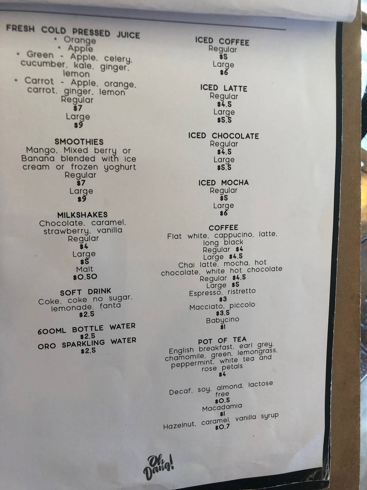 Menu at Oh Dang! Espresso cafe, Windang