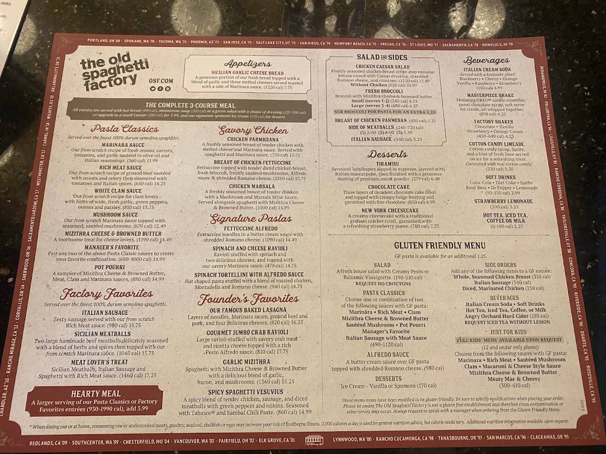 Carta del restaurante The Old Spaghetti Factory, Oklahoma City