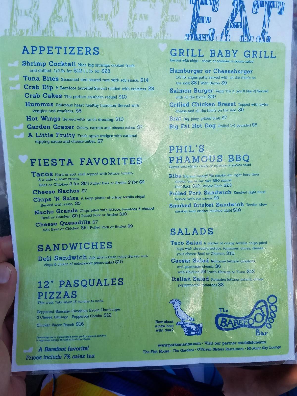 Menu at The Barefoot Bar at Okoboji, Okoboji, Stake Out Road