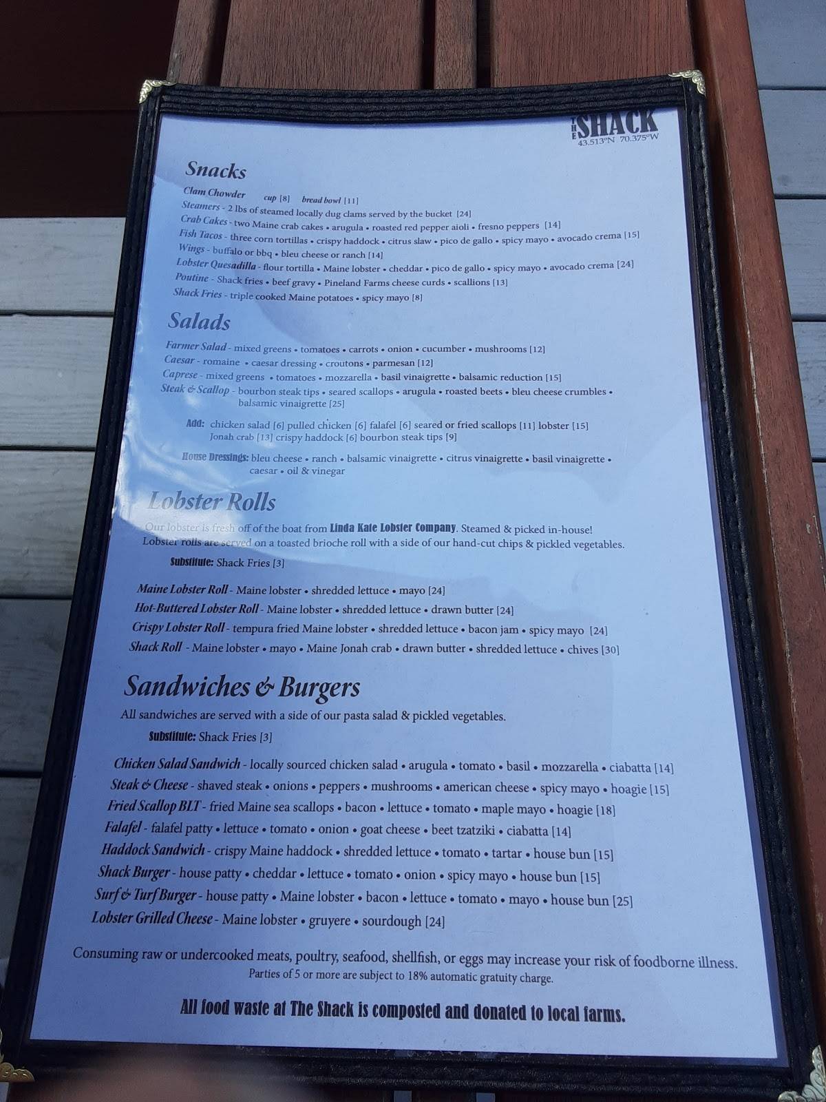 Menu at The Shack restaurant, Old Orchard Beach