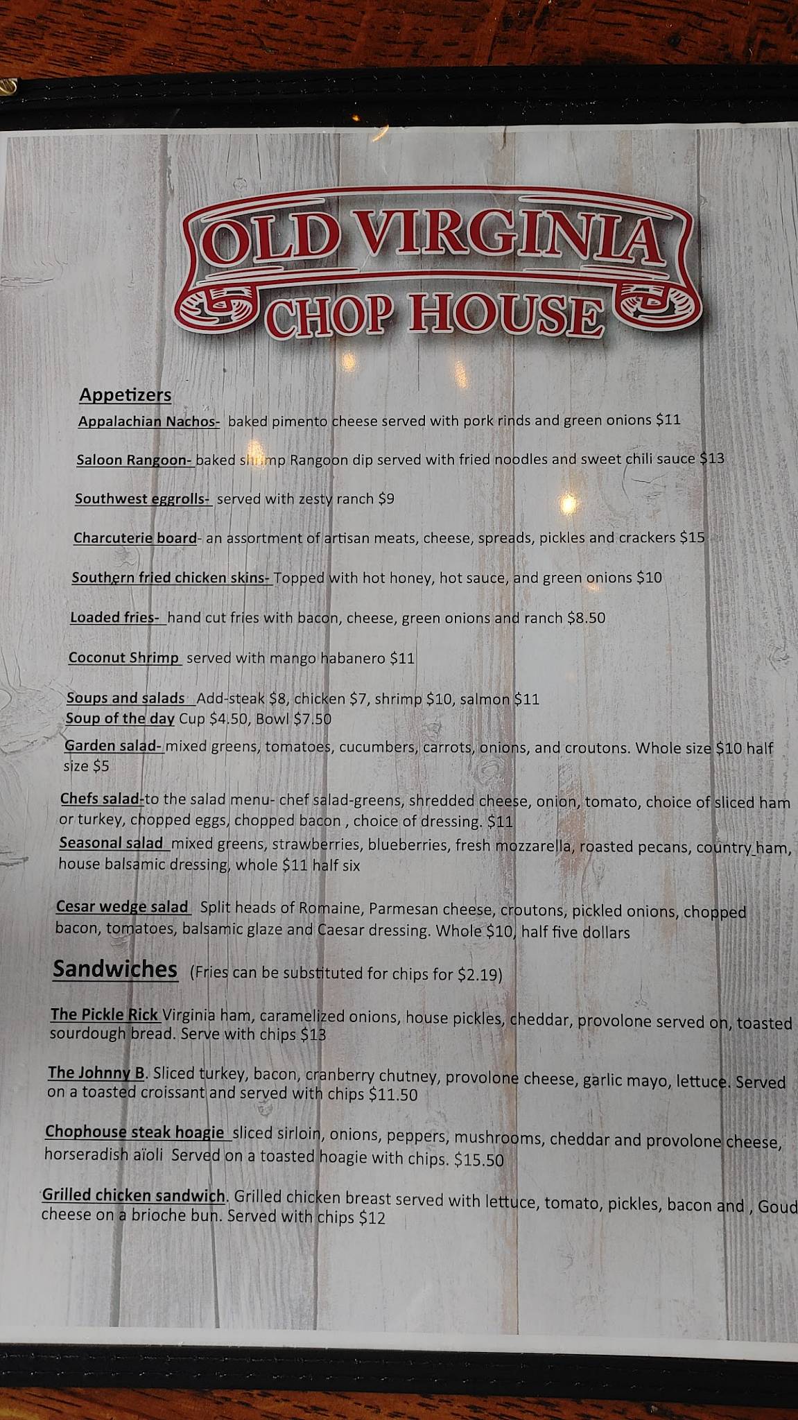 Menu at Old Va. Chophouse restaurant, Tazewell