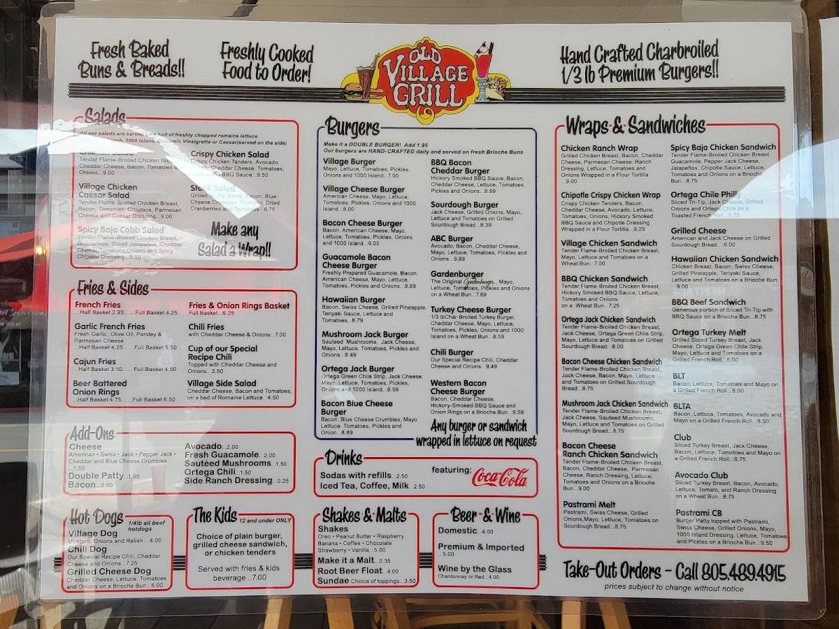 Menu at Old Village Grill restaurant, Arroyo Grande