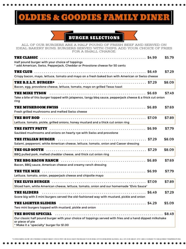 Menu at Oldies & Goodies Family Diner restaurant, Akron