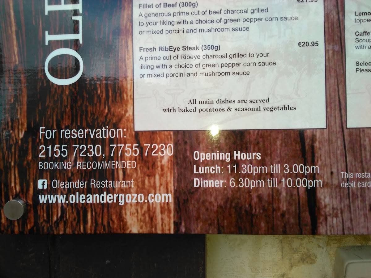 Menu at Oleander Restaurant, Xagħra