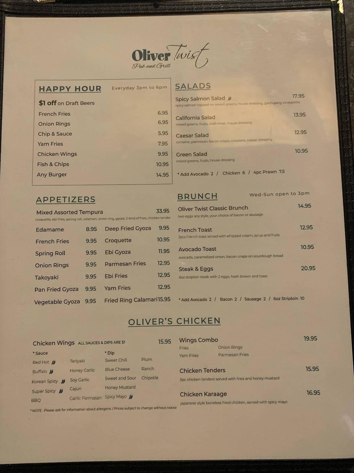 Menu at Oliver Twist Pub & Grill, Burnaby