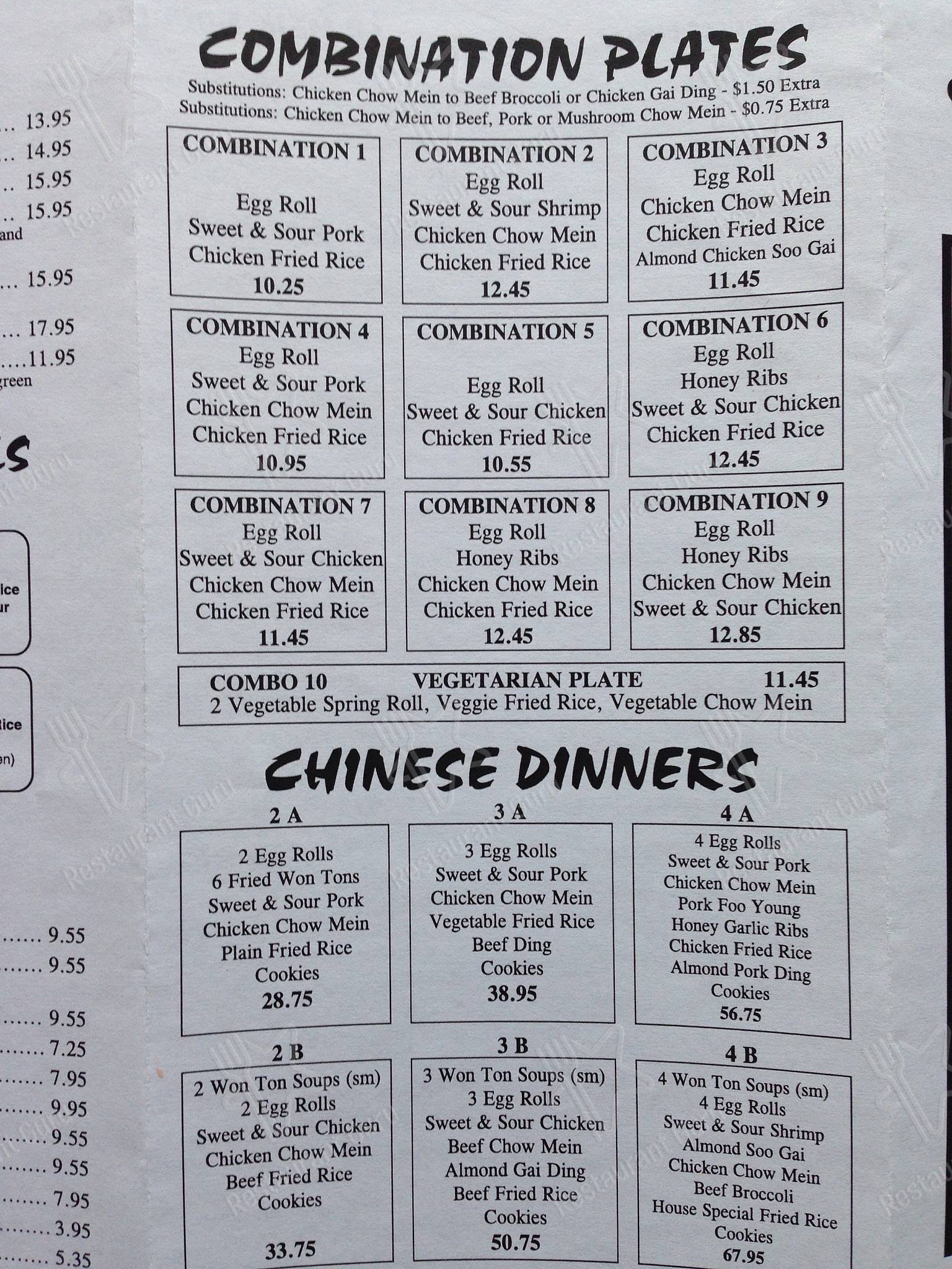 Menu at Ong's restaurant, Head of Jeddore
