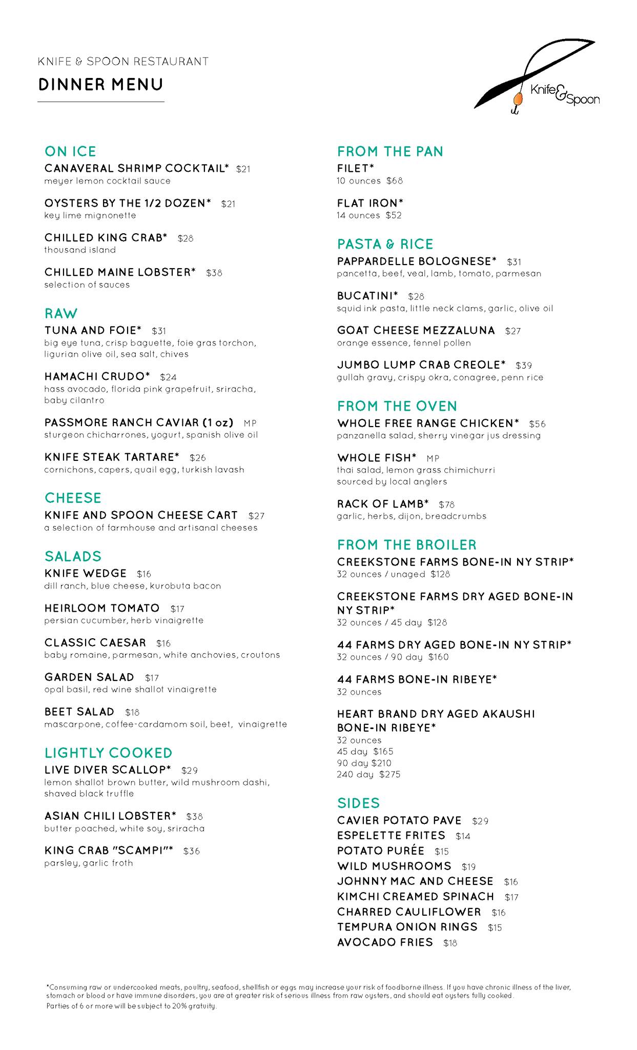Menu at Knife & Spoon steakhouse, Orlando, Central Florida Pkwy