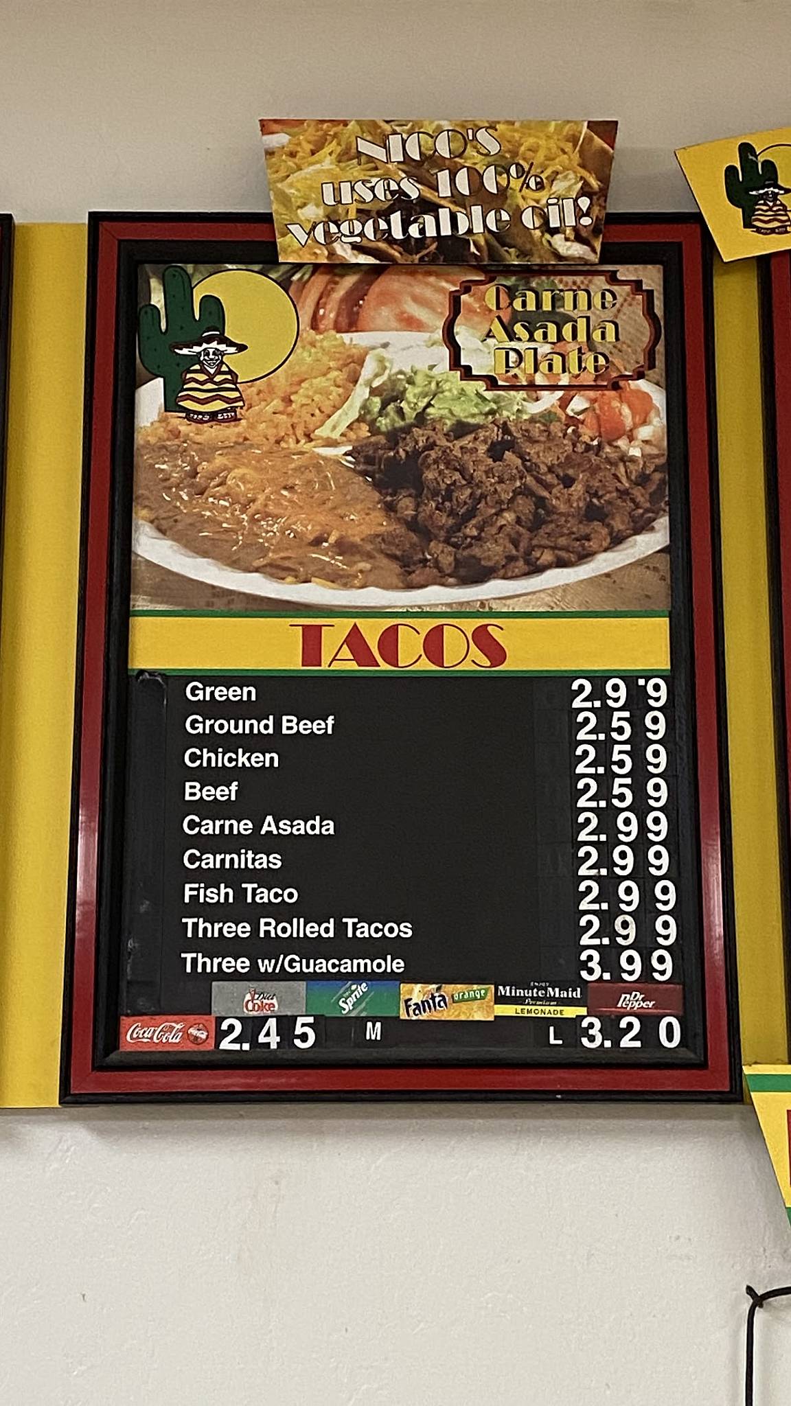Menu at Nico's Mexican Food restaurant, Tucson, N La Cañada Dr