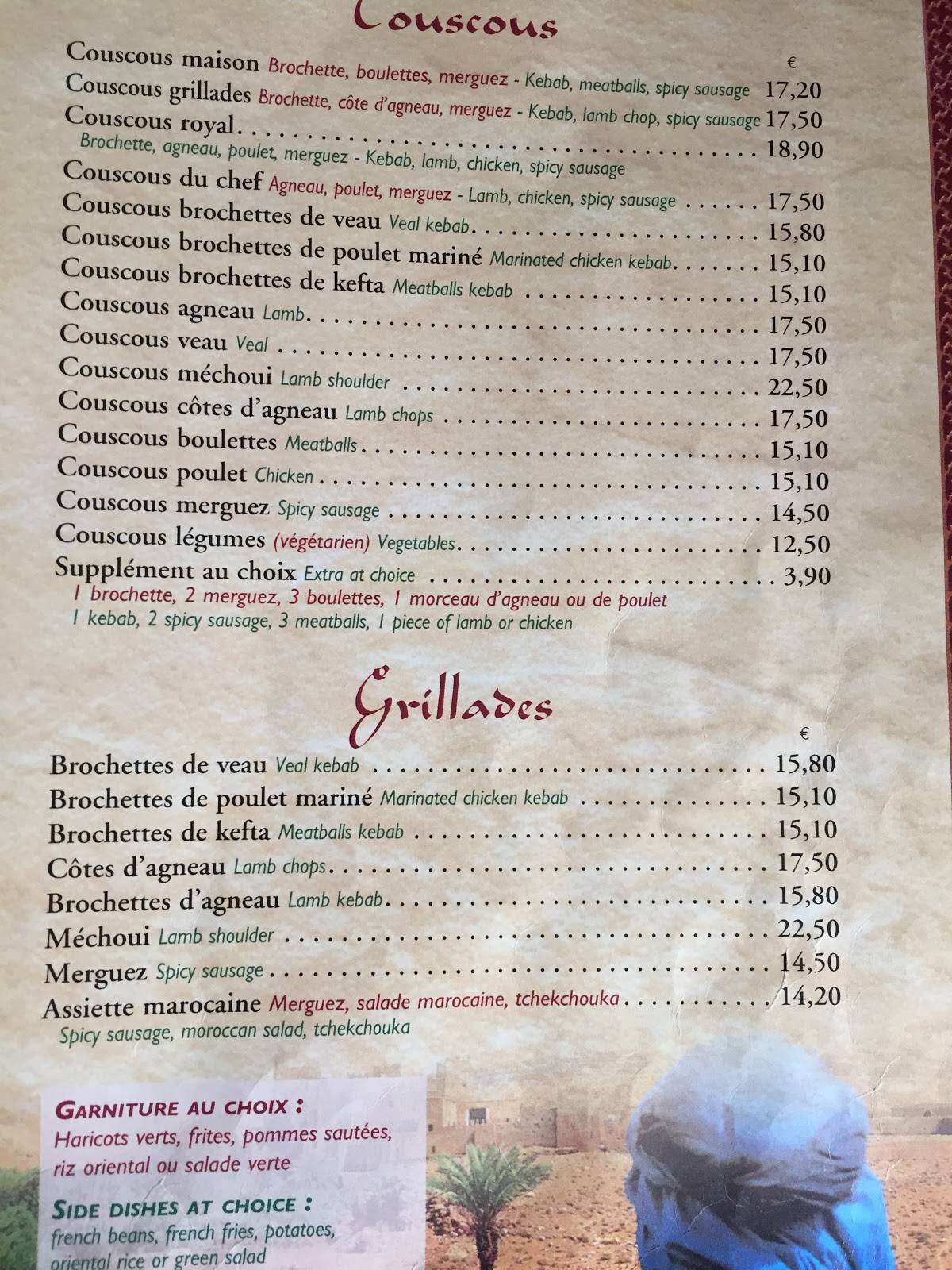 Carta del restaurante Au Soleil Du Maroc, Orsay