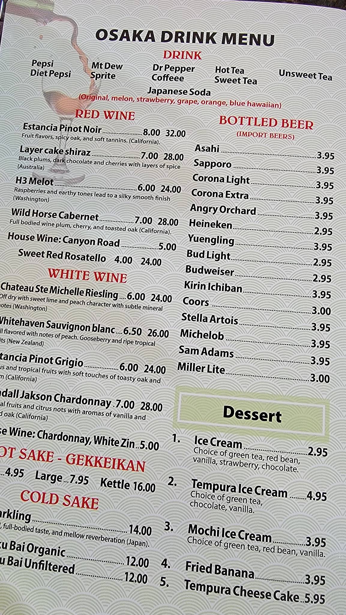 Menu at Osaka restaurant, Helena