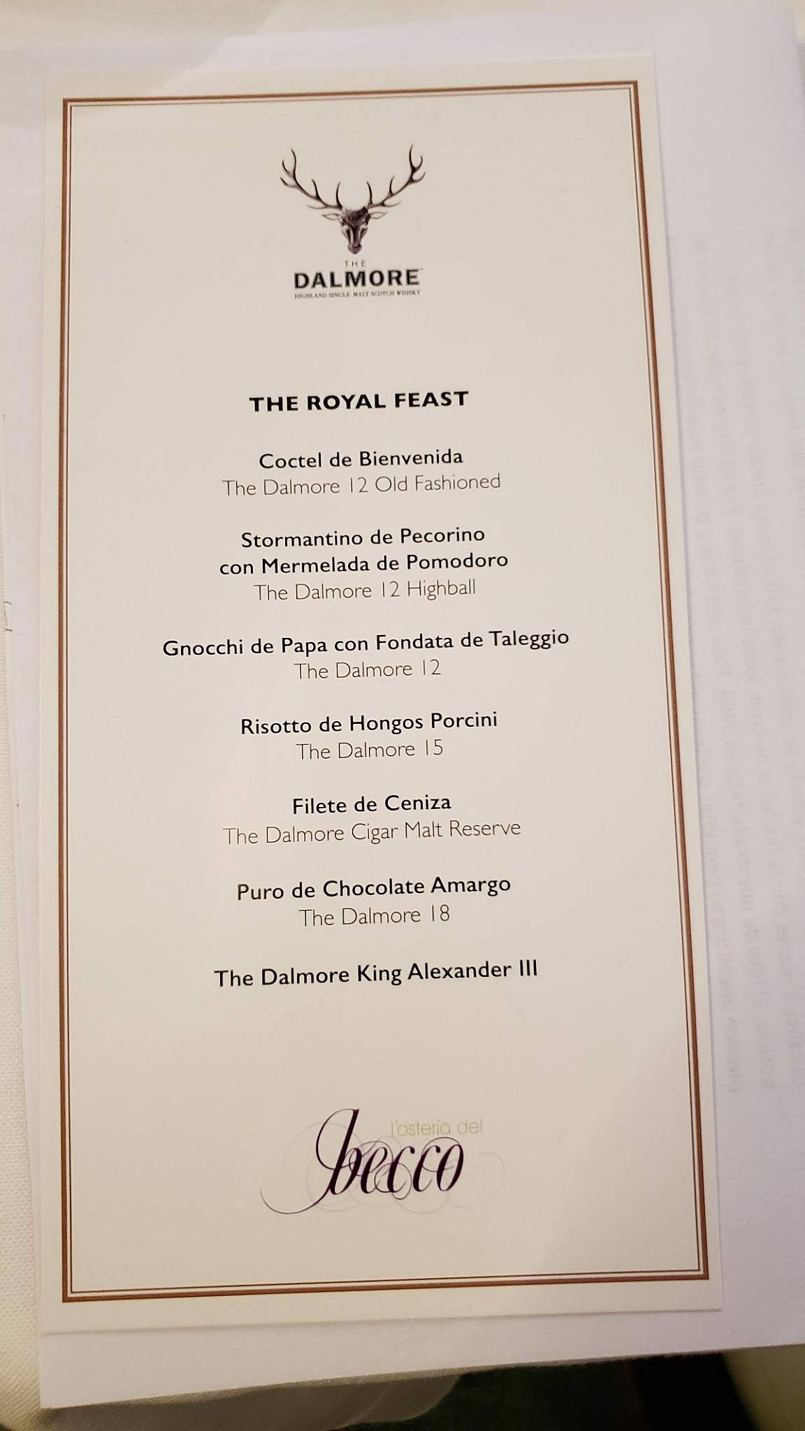 Carta del restaurante Ostería del Becco, Ciudad del México