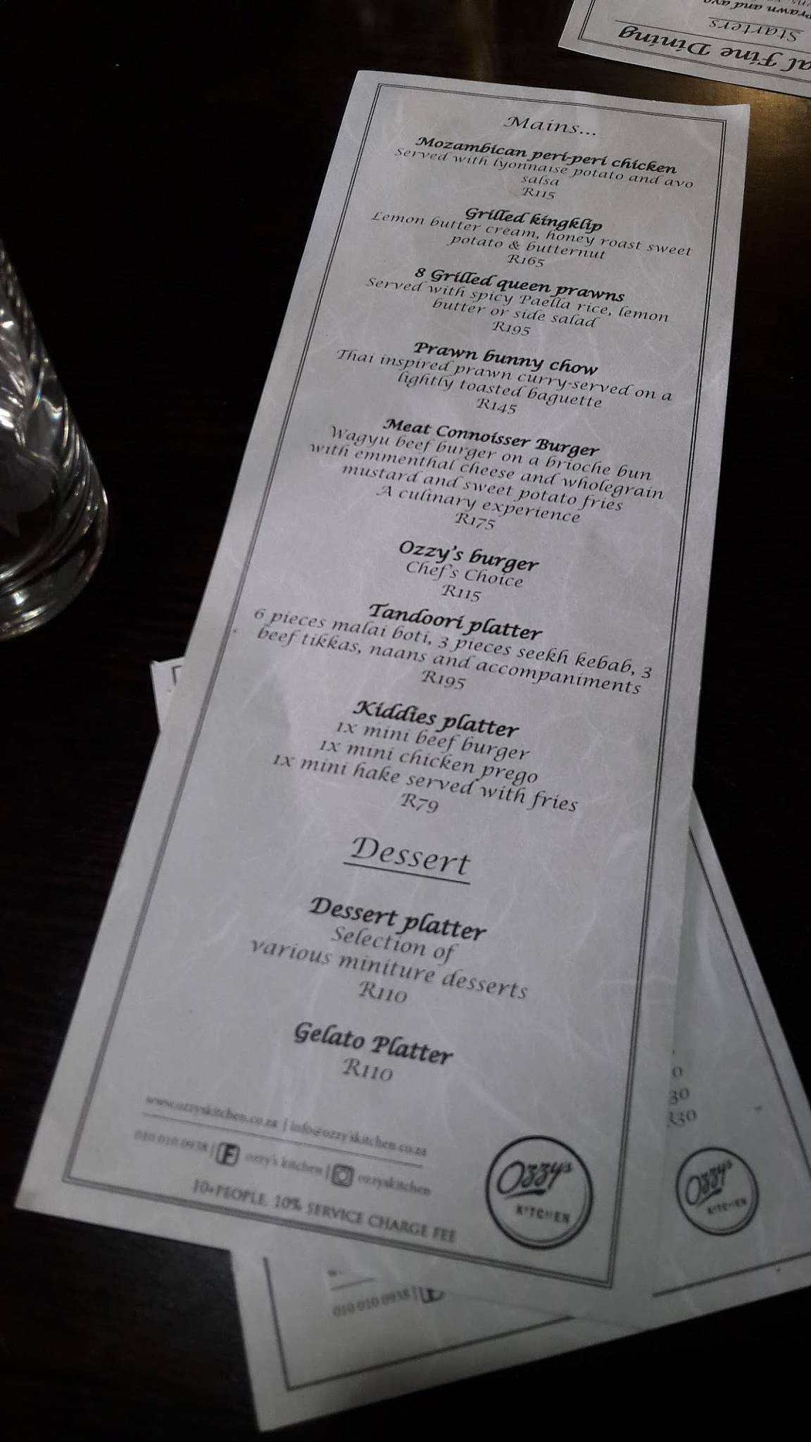 Menu at Ozzy's Kitchen restaurant, Sandton