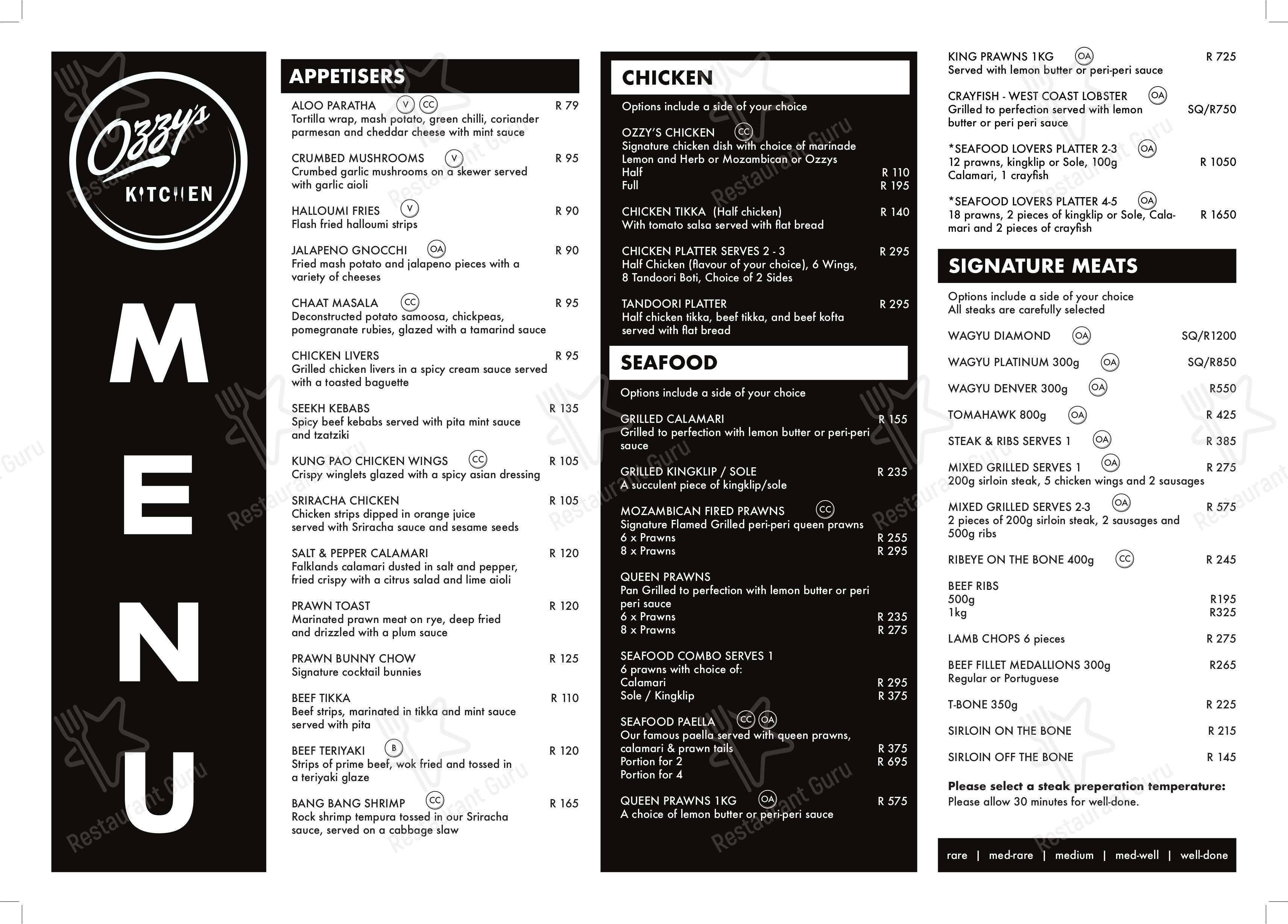 Menu at Ozzy's Kitchen restaurant, Johannesburg