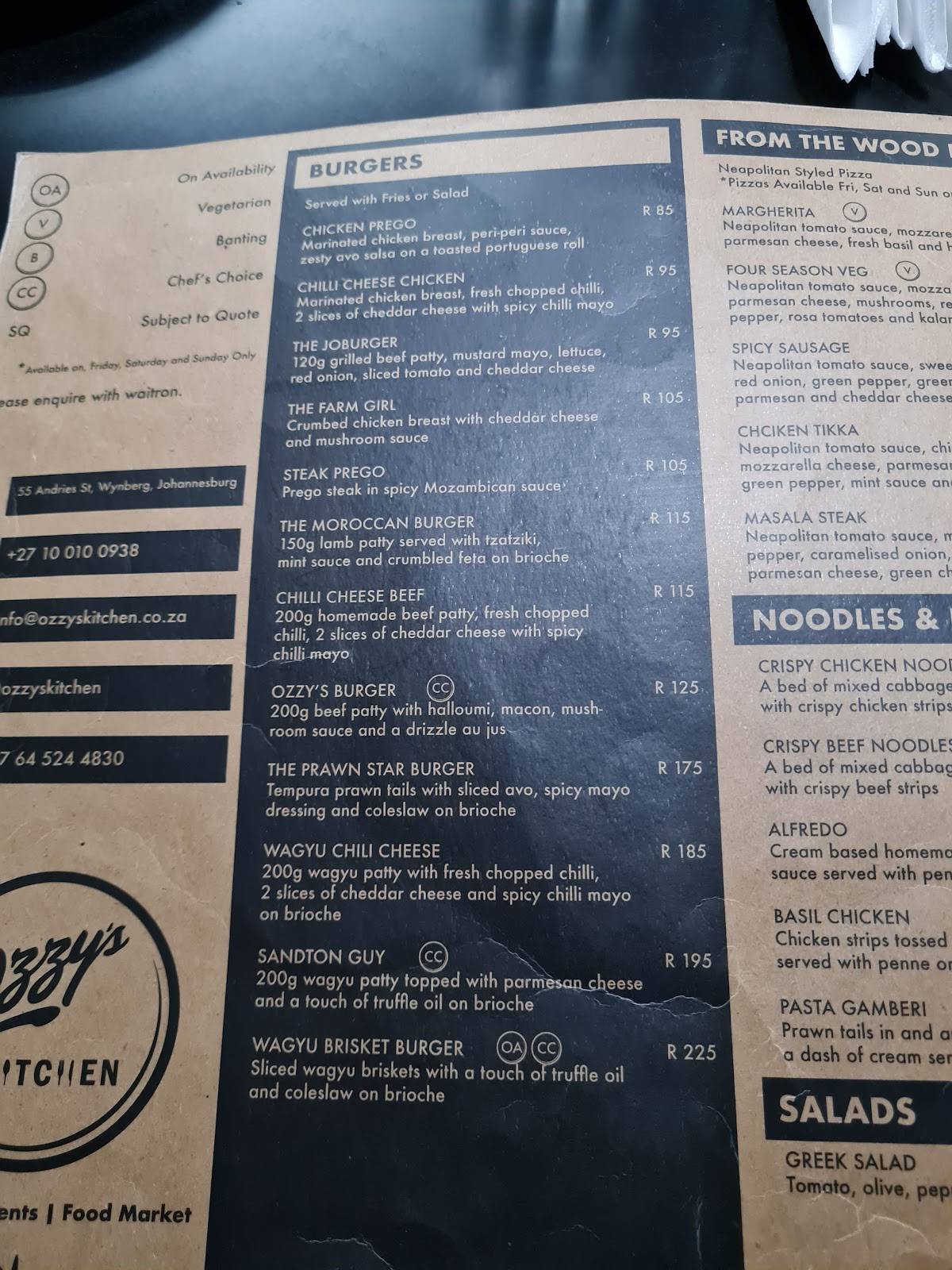 Menu at Ozzy's Kitchen restaurant, Johannesburg