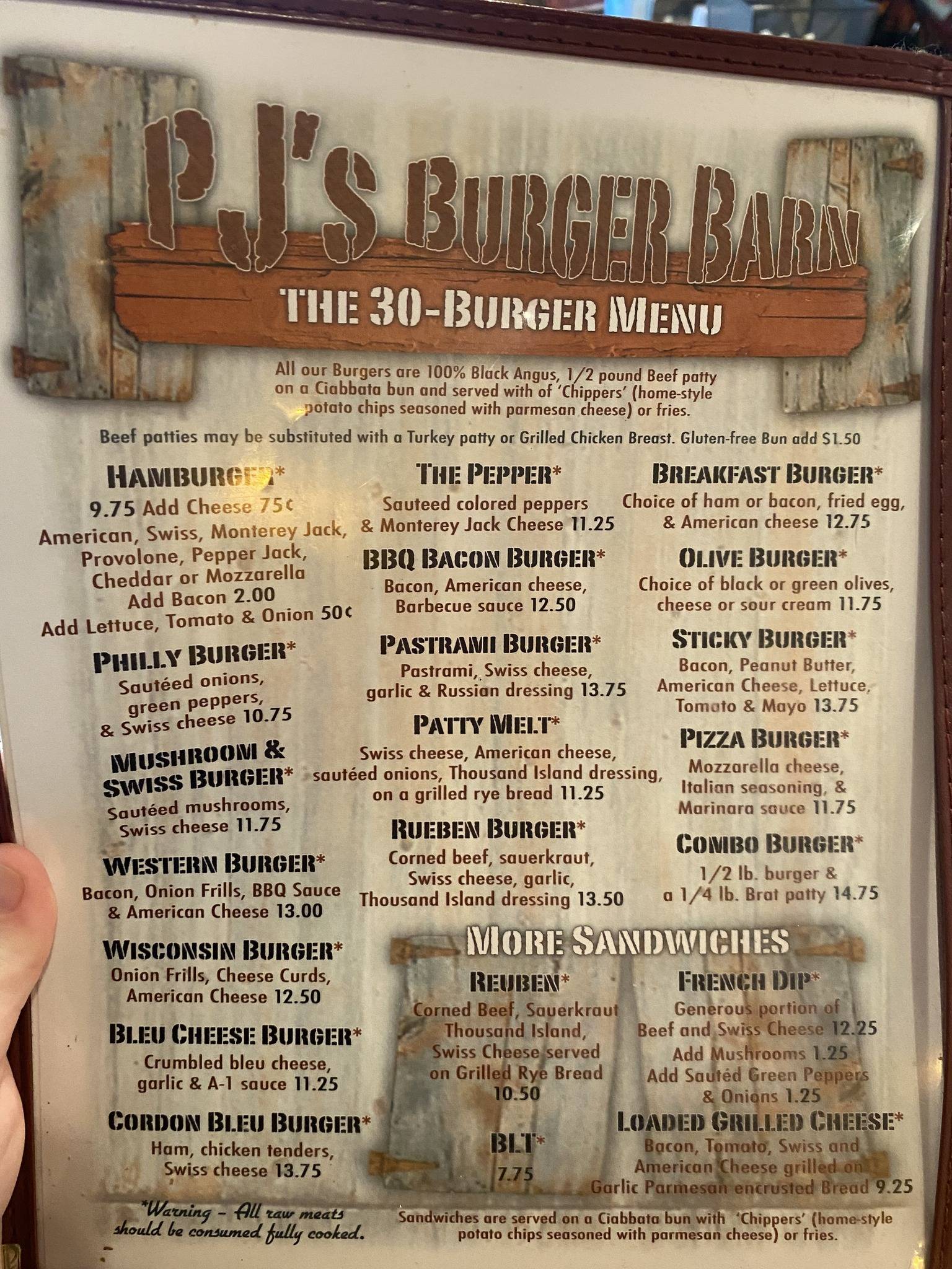Menu at PJ's Burger Barn, Woodruff