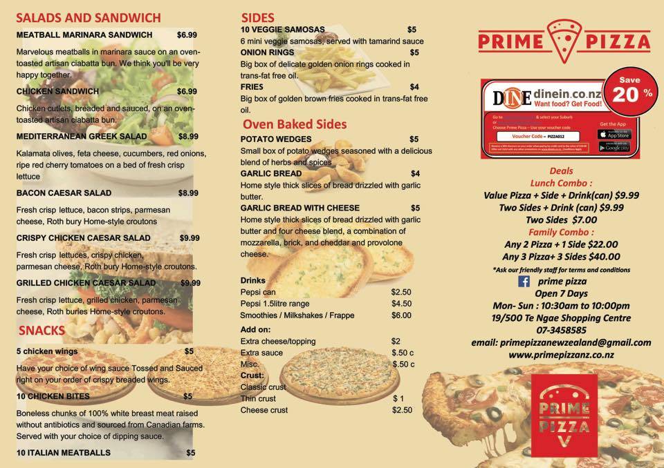 Menu at PRIME PIZZA restaurant, Rotorua, 19/500 Te Ngae Rd